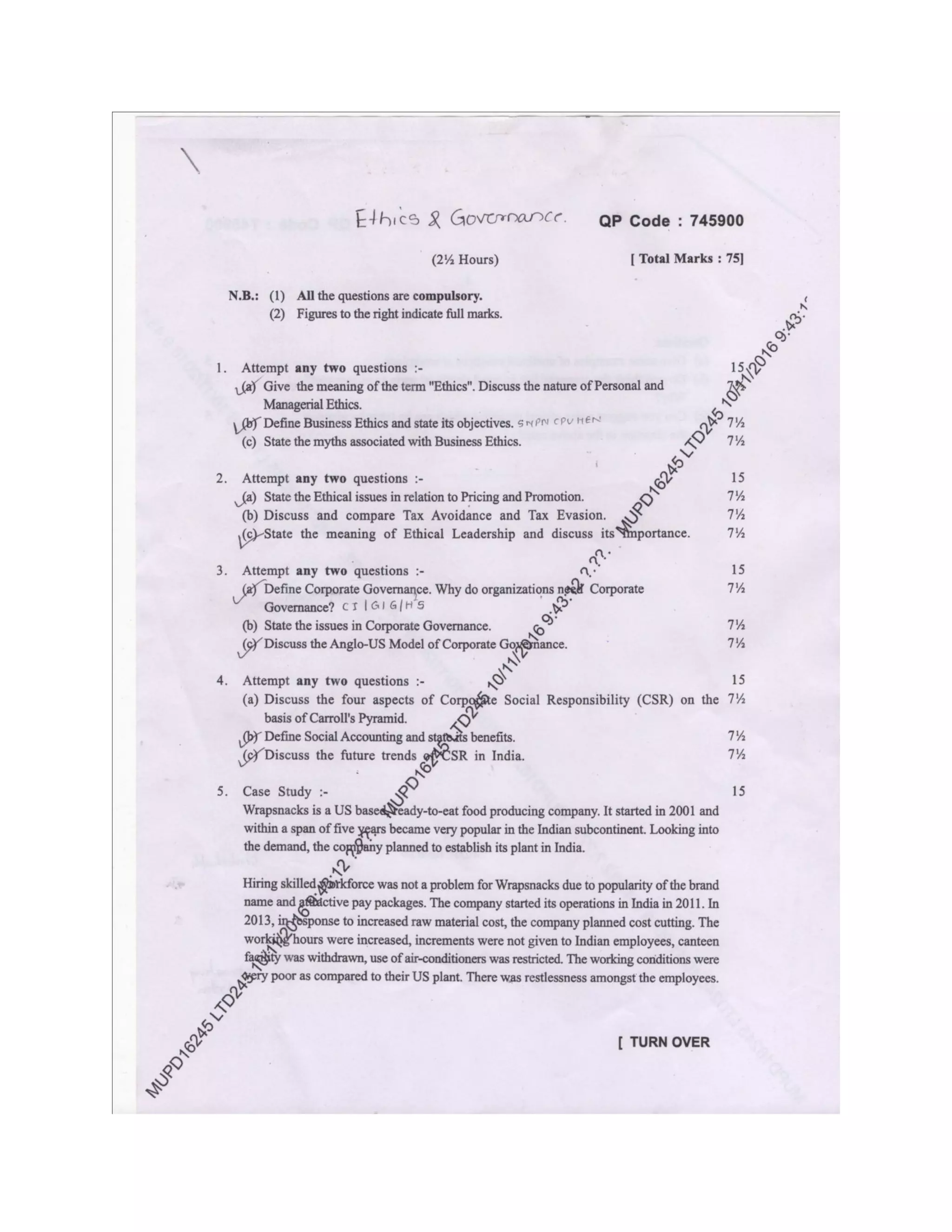 BMS 5th SEM Question Paper:- Ethics & Governance | PDF