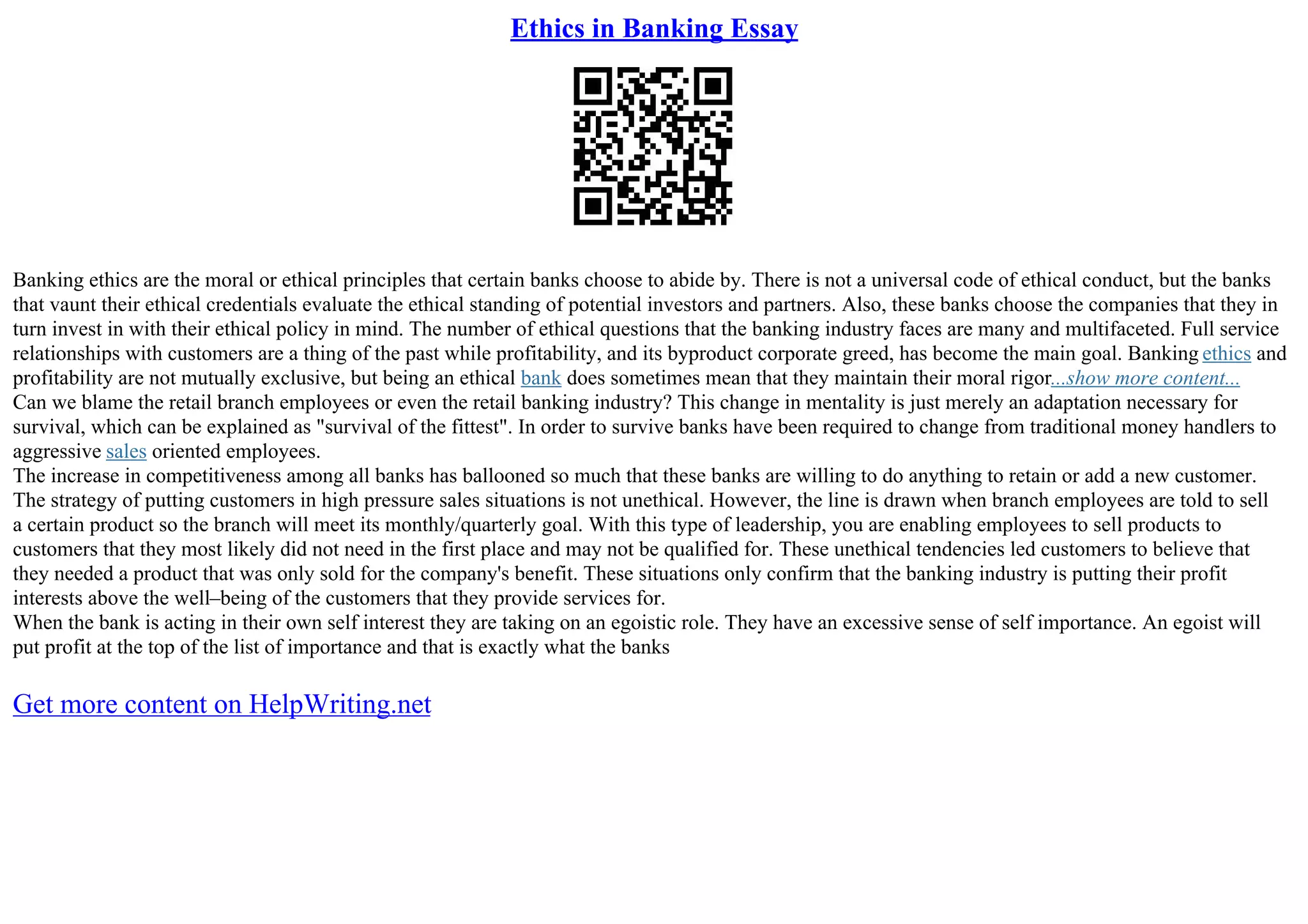 Ethics In Banking Essay | PDF