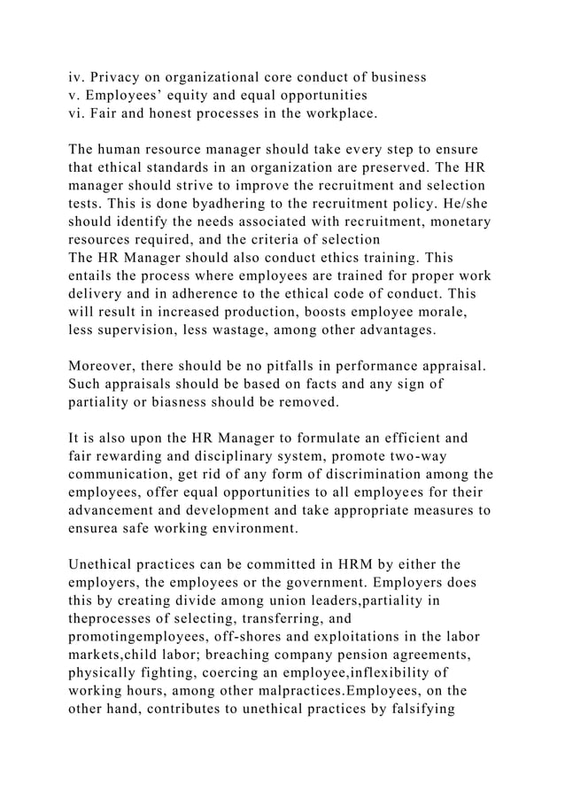 ETHICS IN HUMAN RESOURCE MANAGEMENT (HRM)EthicsEthics entail.docx