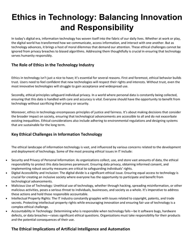 Ethics in Technology - Balancing Innovation and Responsibility.pdf | Technology Industry ...