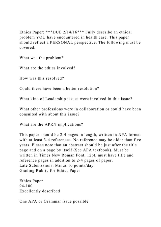 Ethics Paper DUE 21416 Fully describe an ethical problem .docx