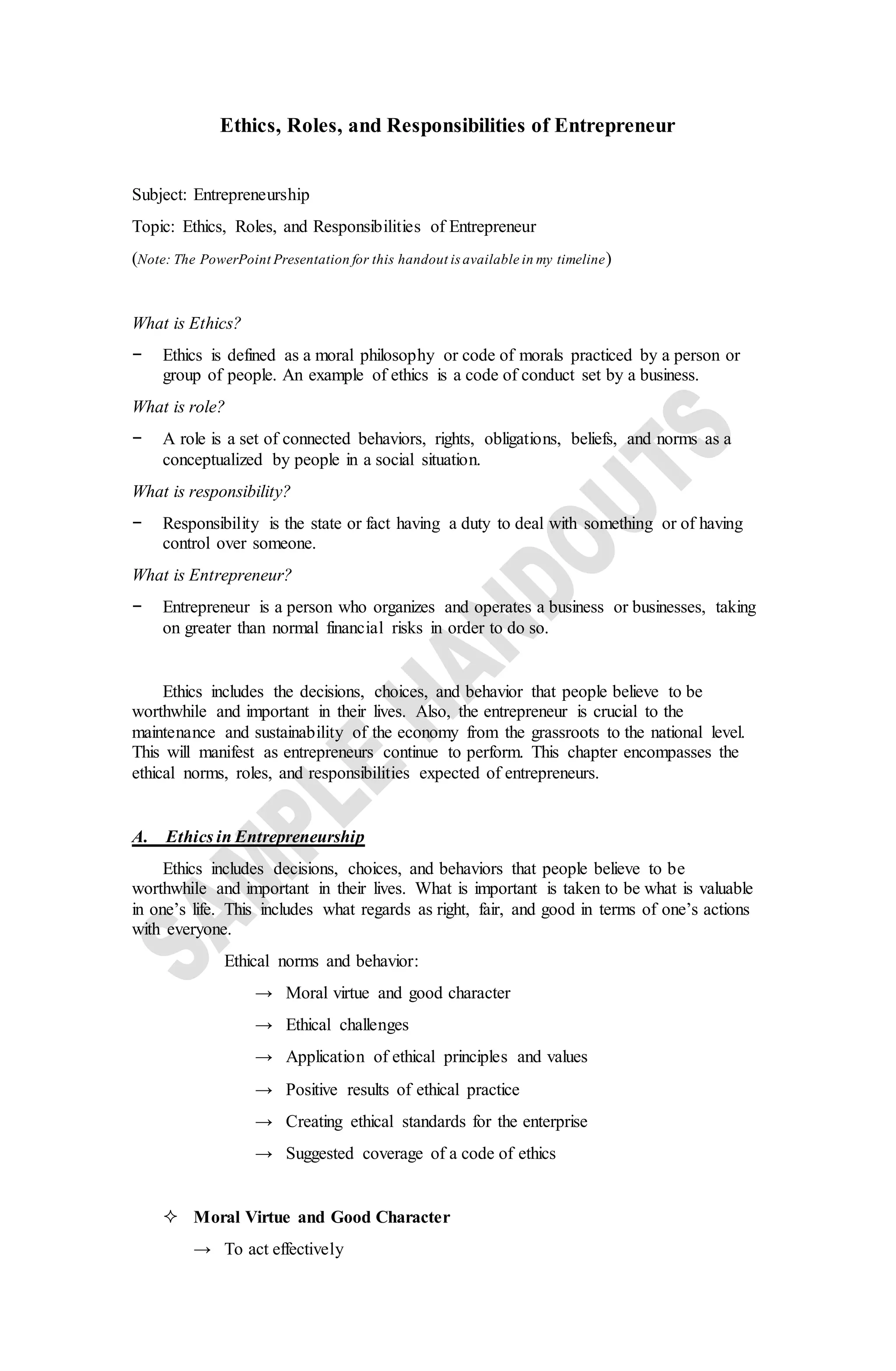 Ethics, Roles, and Responsibilities of Entrepreneur (Docx.) | DOCX