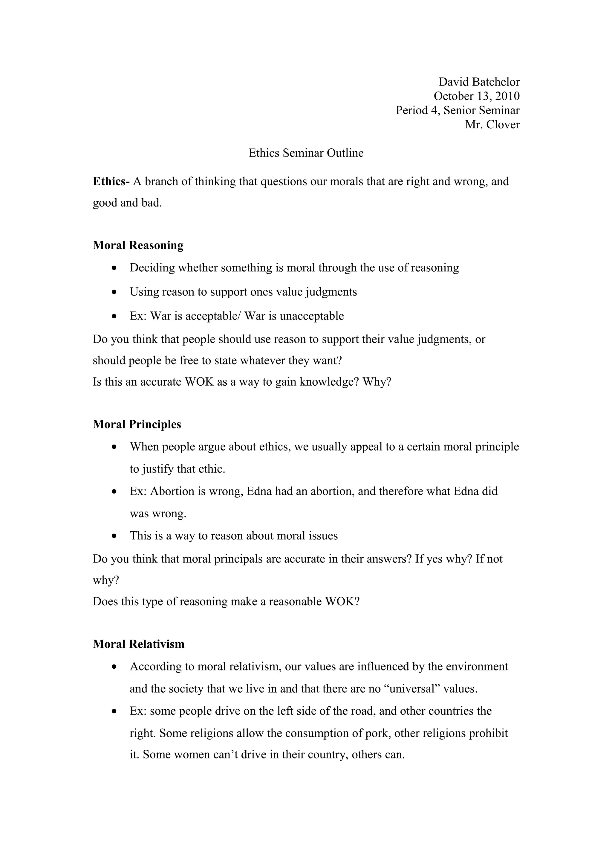 Ethics Seminar Outline as Facilitator | DOC