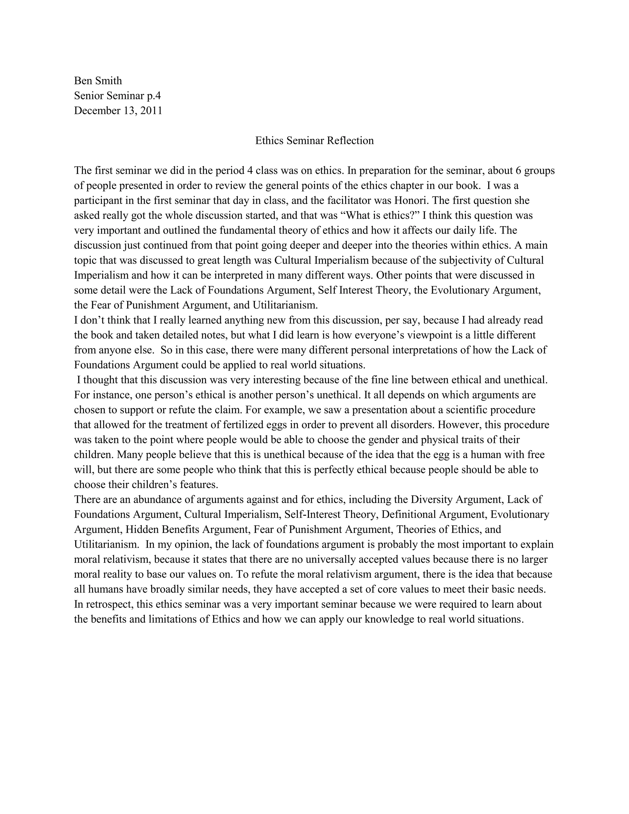 Ethics seminar reflection | DOCX