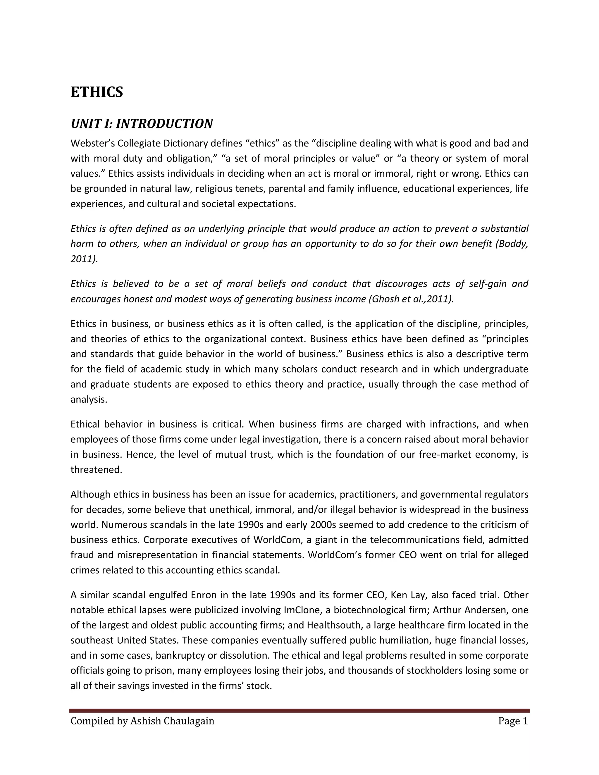 Ethics unit i_introduction | PDF