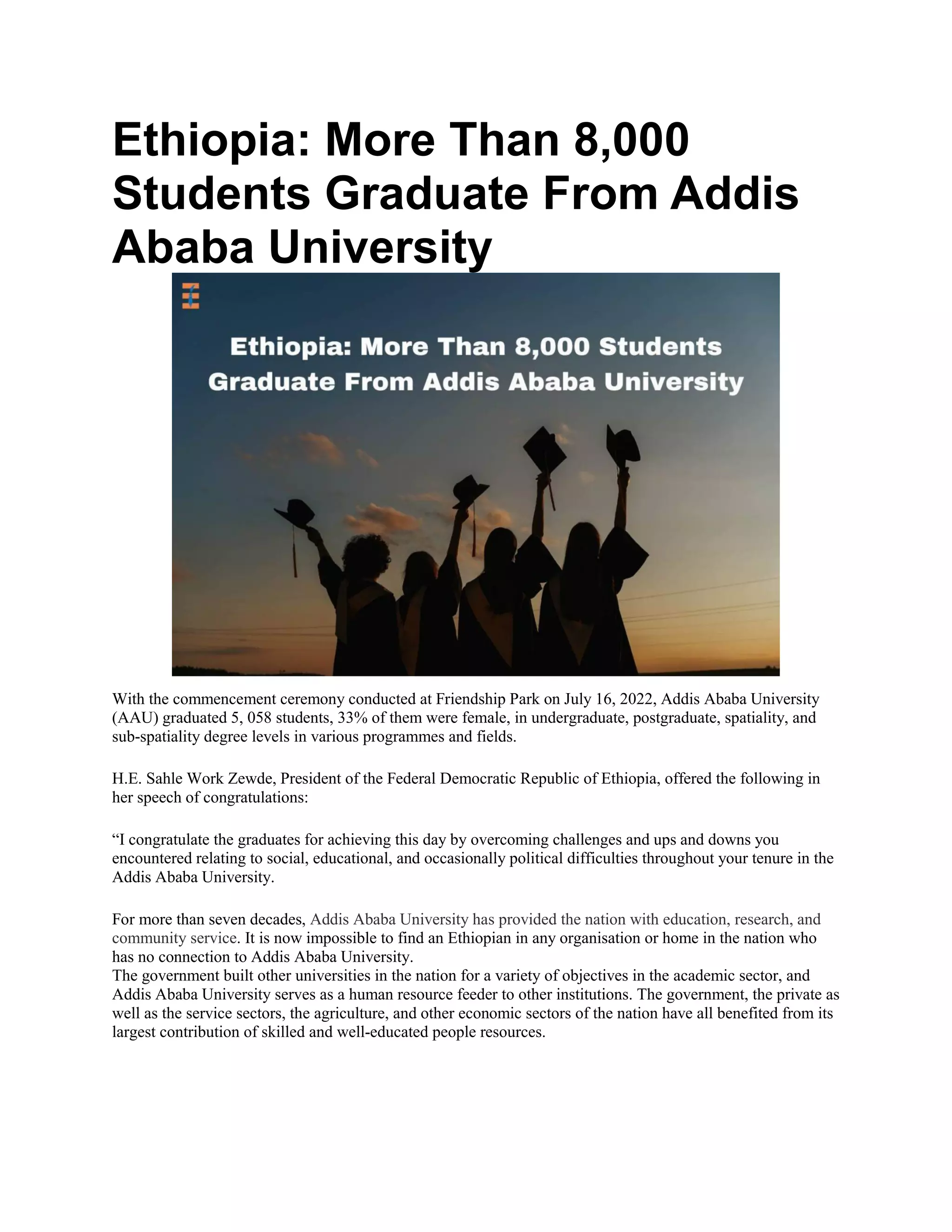 Ethiopia: Addis Ababa University Graduate More Than 8,000 Students ...
