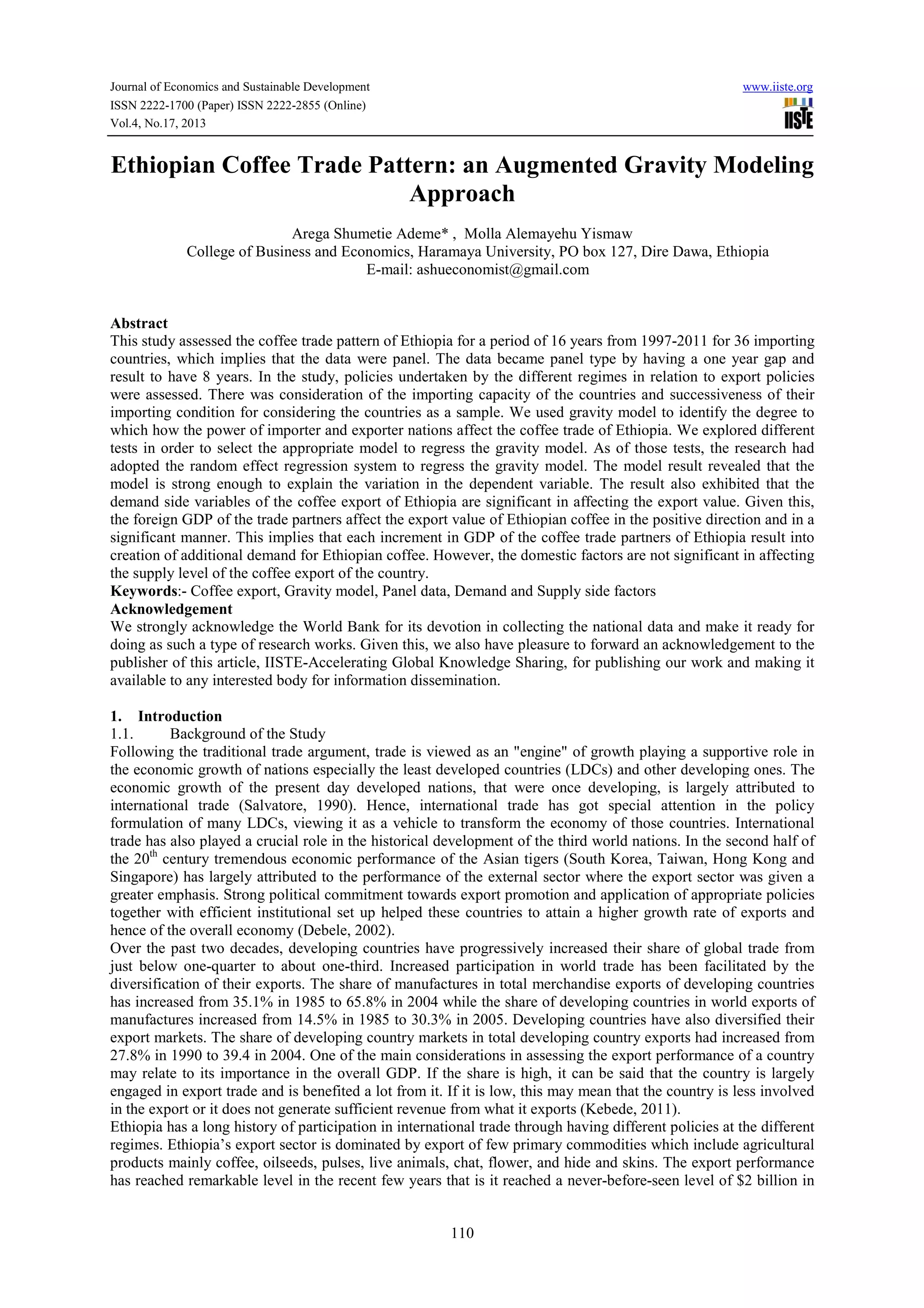 Ethiopian coffee trade pattern an augmented gravity modeling approach | PDF