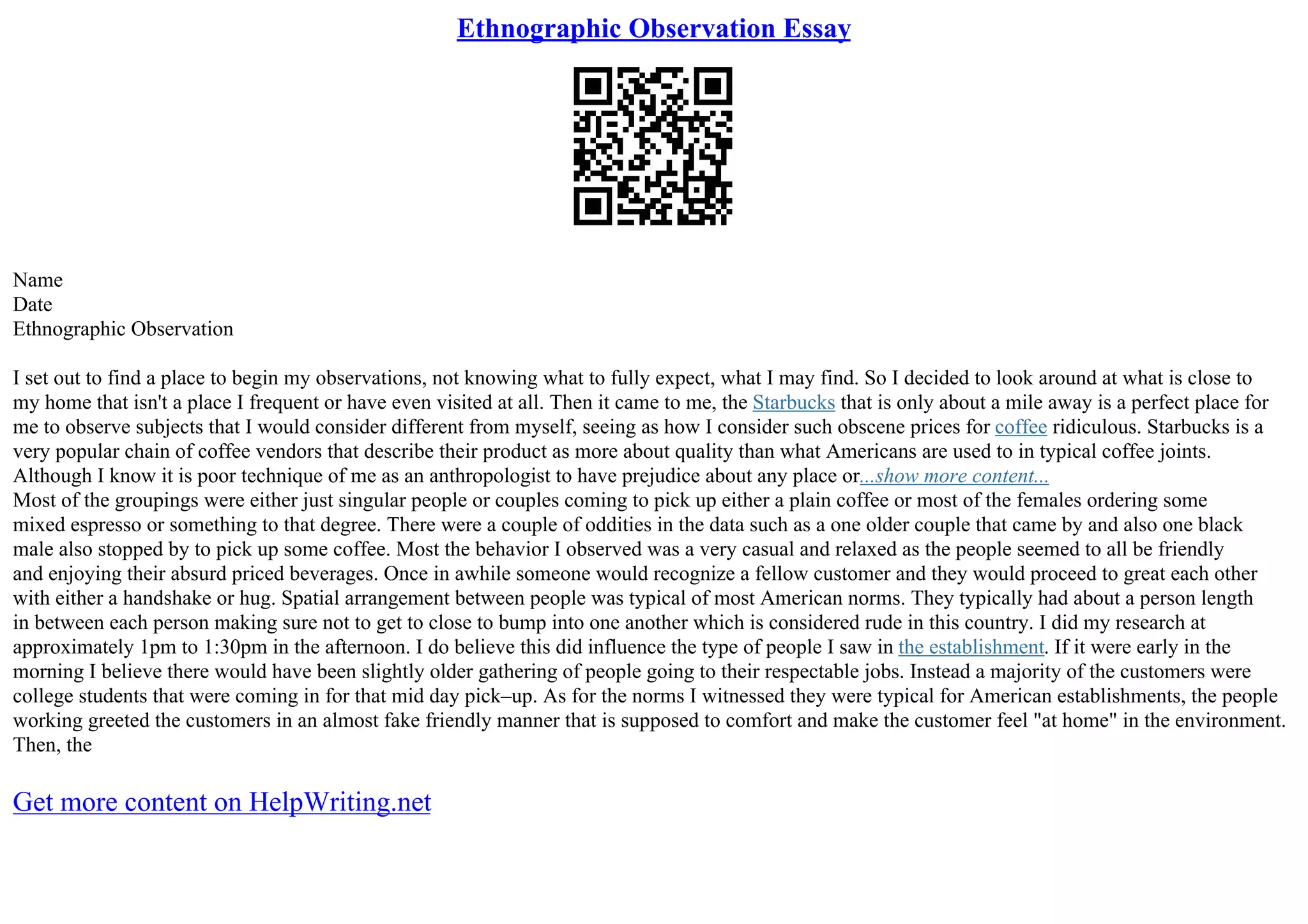 Ethnographic Observation Essay | PPT