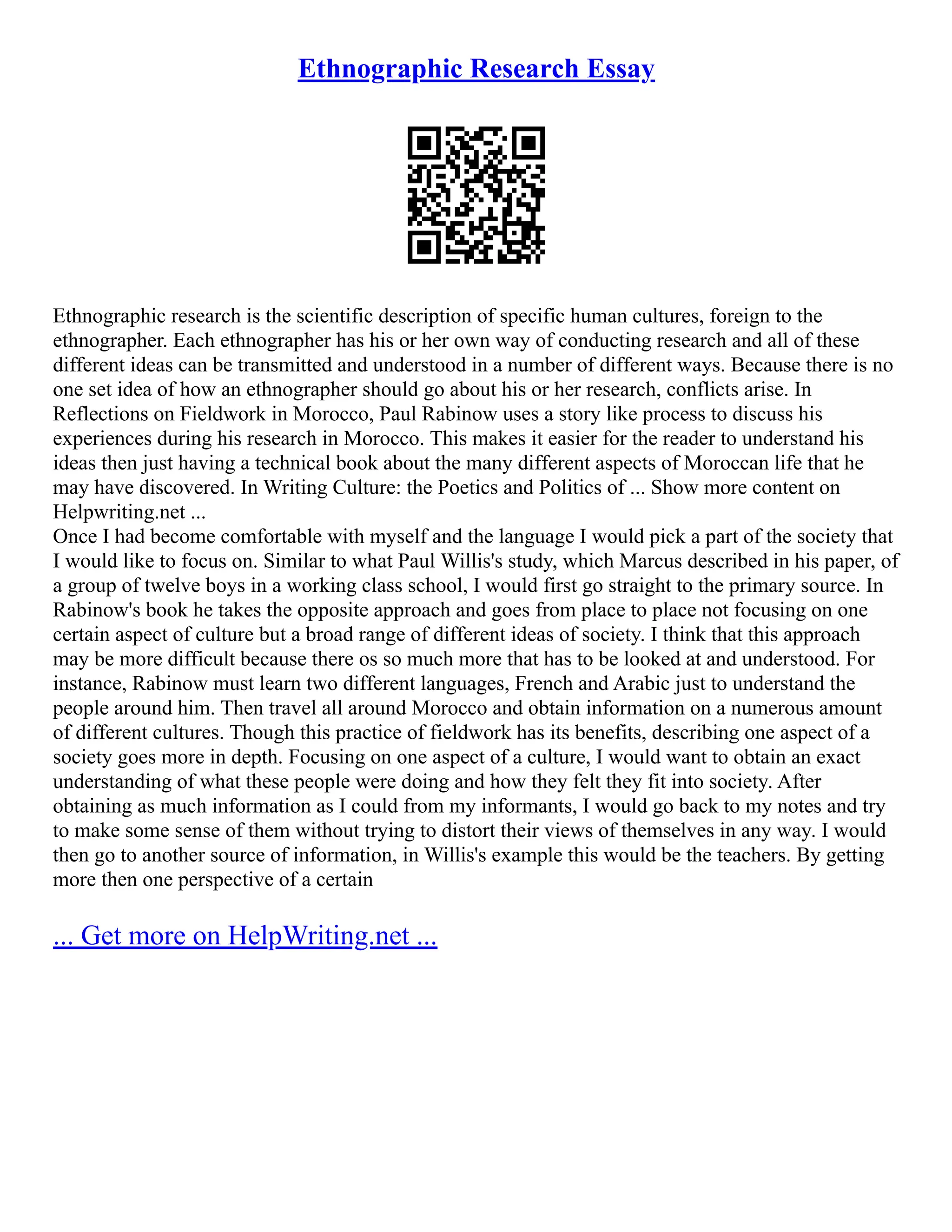Ethnographic Research Essay | PDF