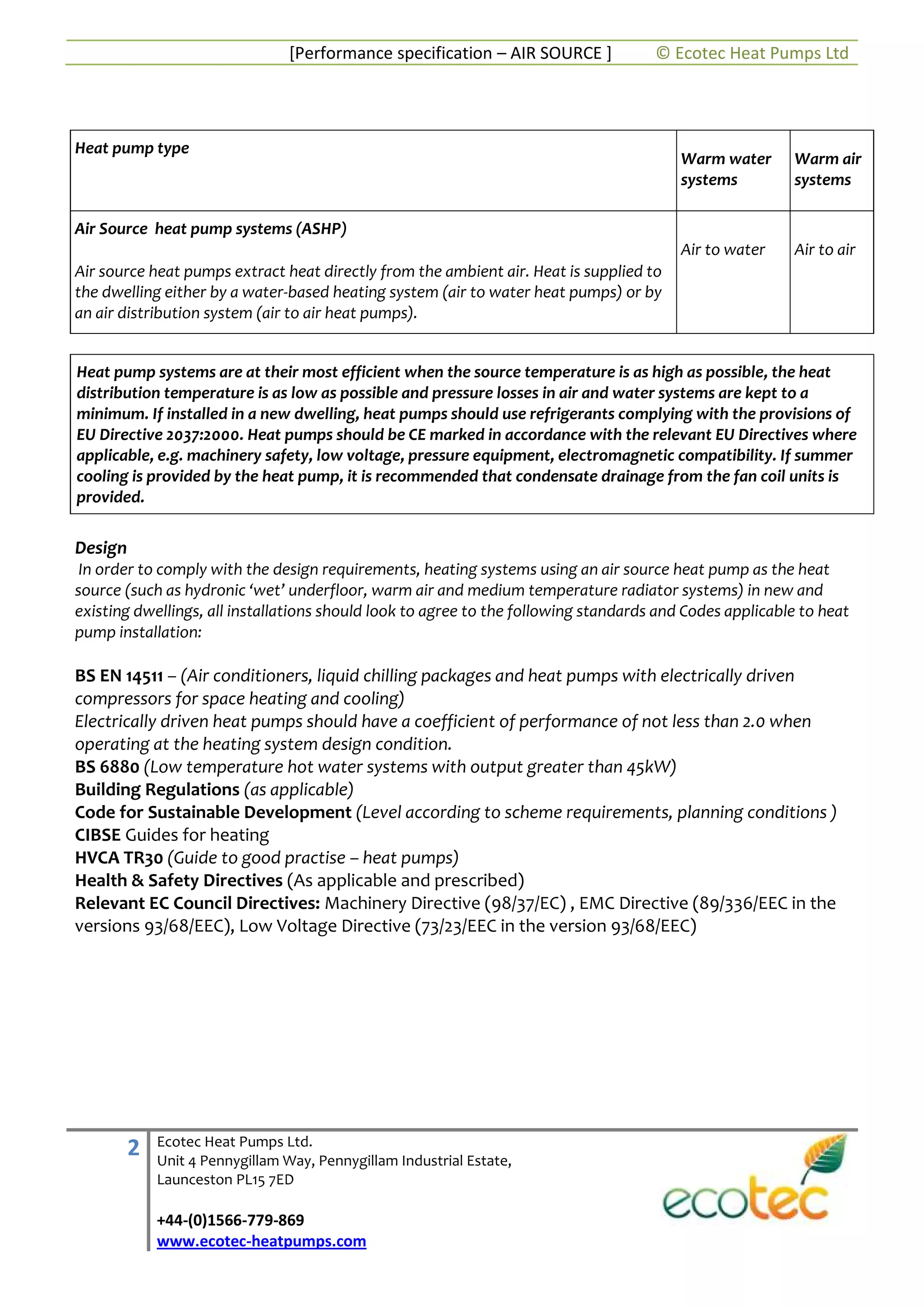 Ethp Air Source Heat Pump Performance Specification V1 | PDF