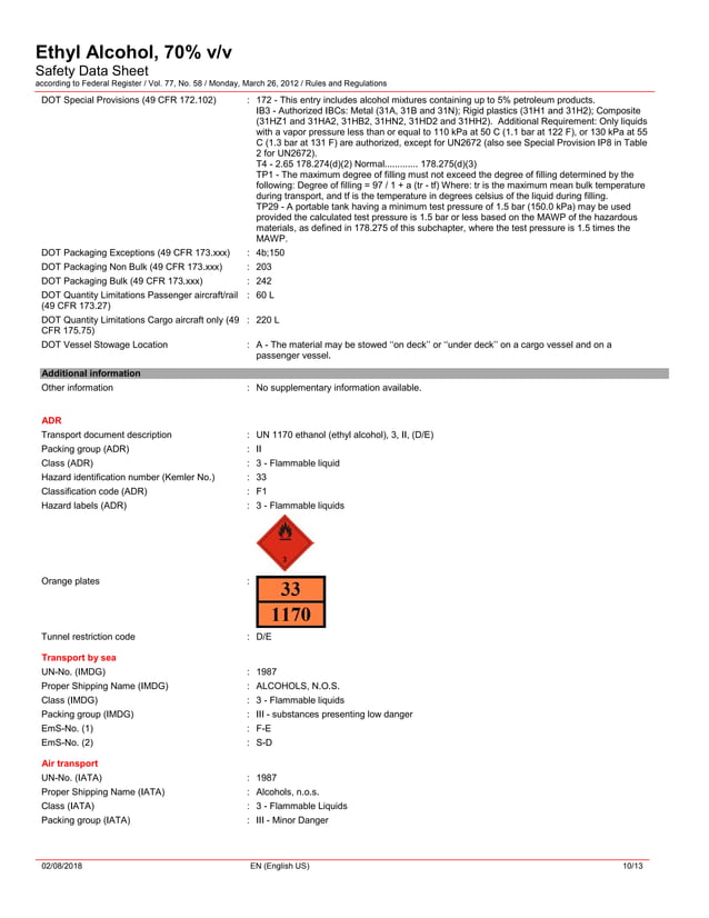 m13 Ethyl alcohol 70% msds sheet | PDF