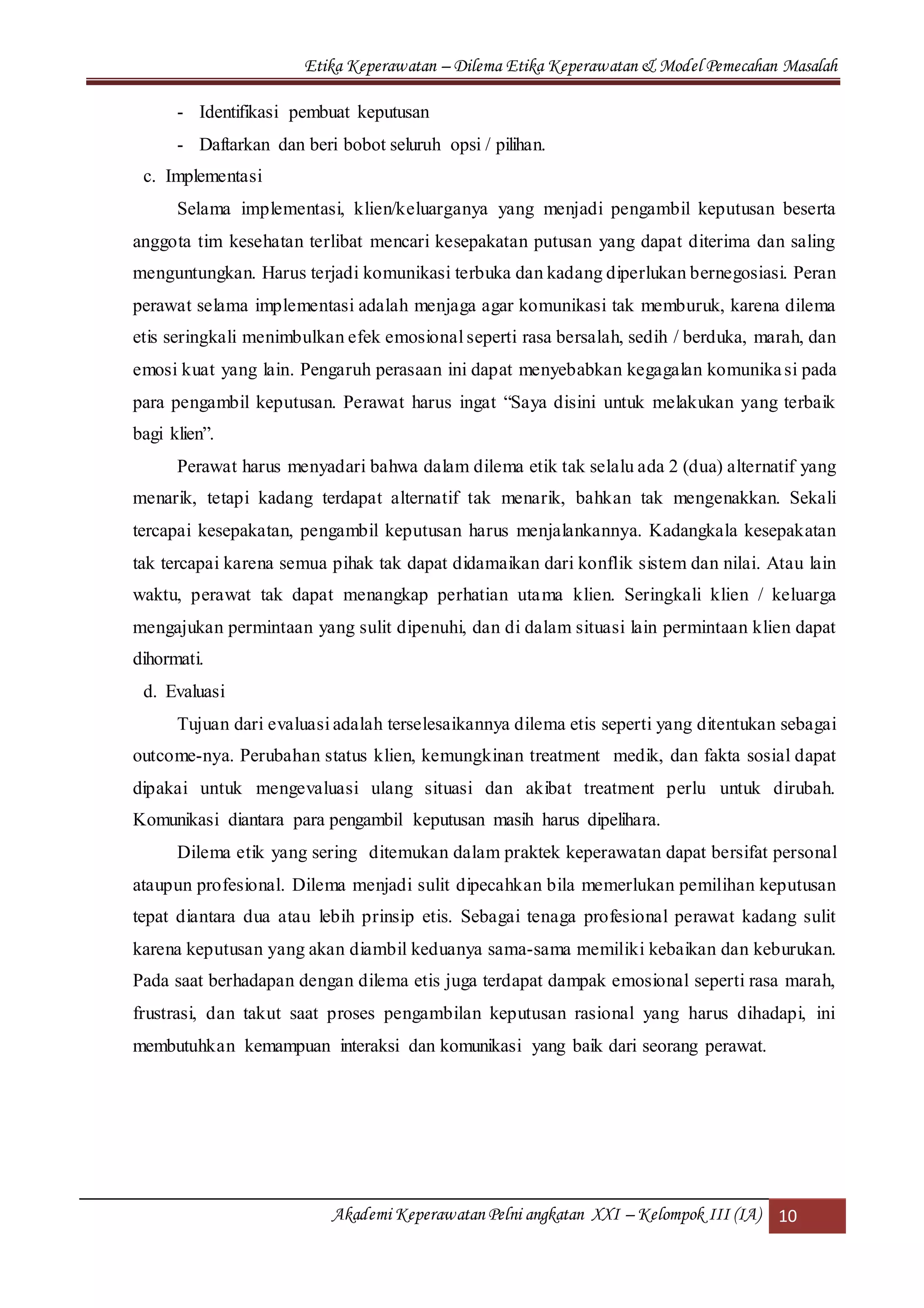 Dilema etik keperawatan & model pemecahan masalah | DOCX