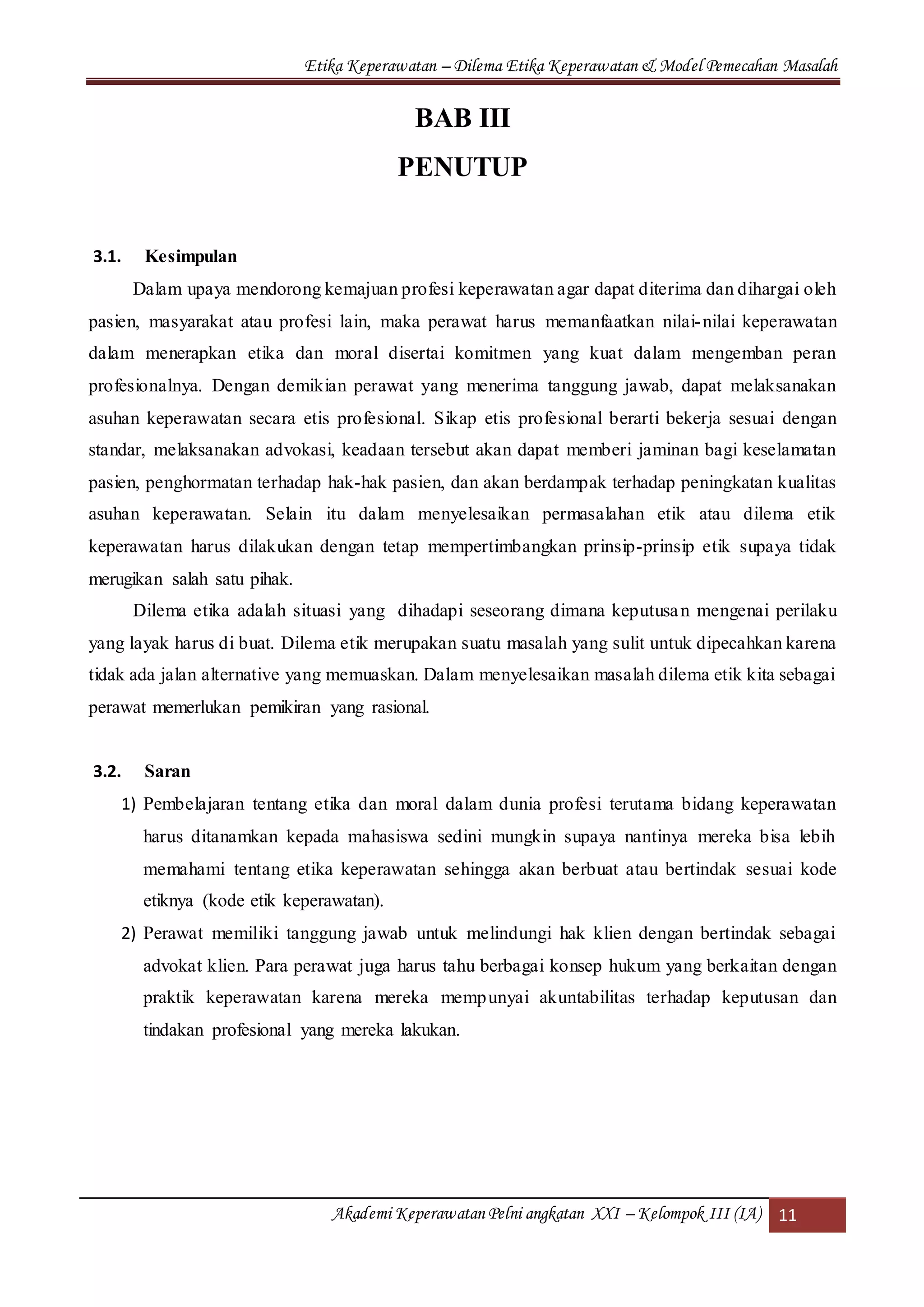 Dilema etik keperawatan & model pemecahan masalah | DOCX