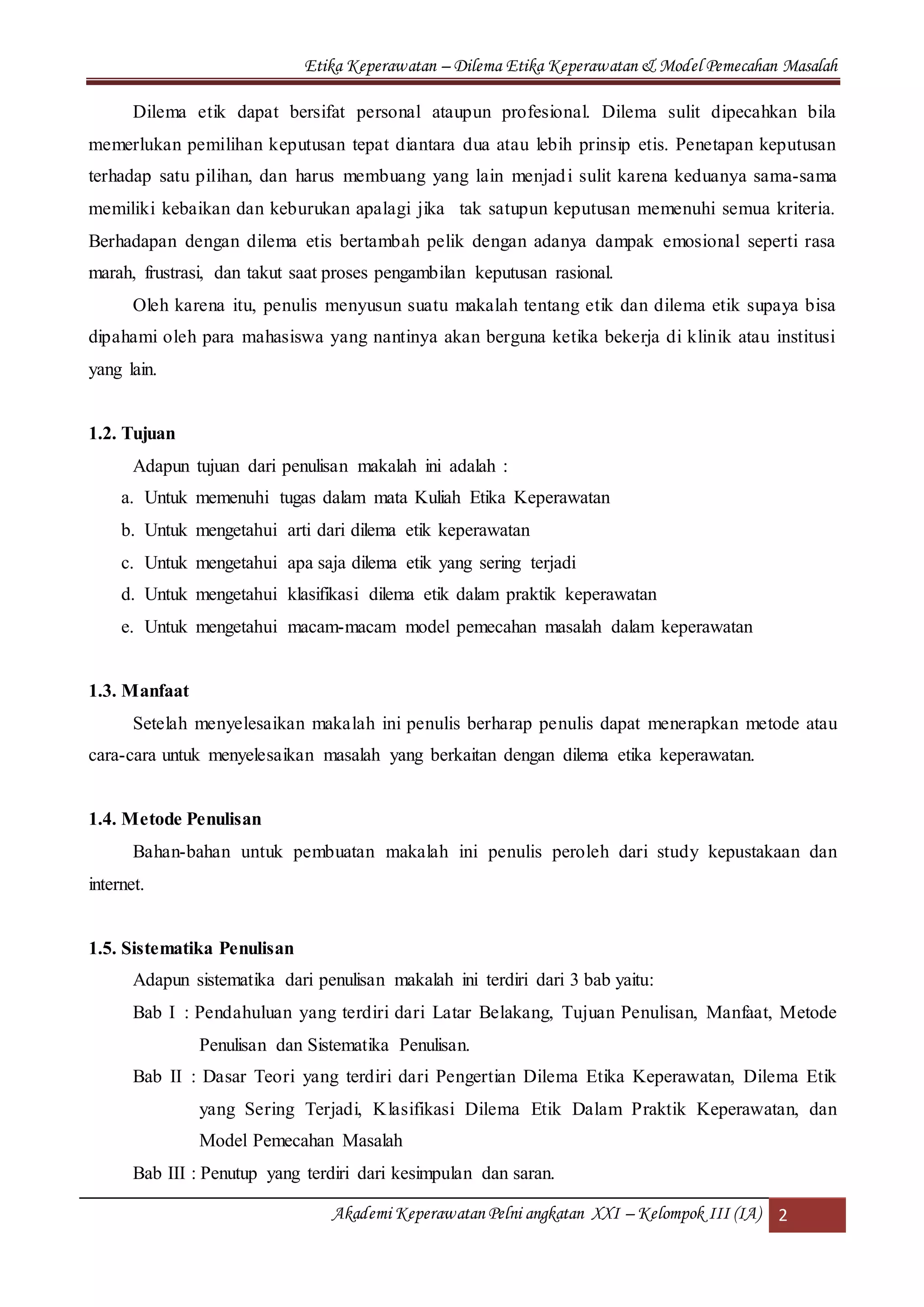 Dilema etik keperawatan & model pemecahan masalah | DOCX