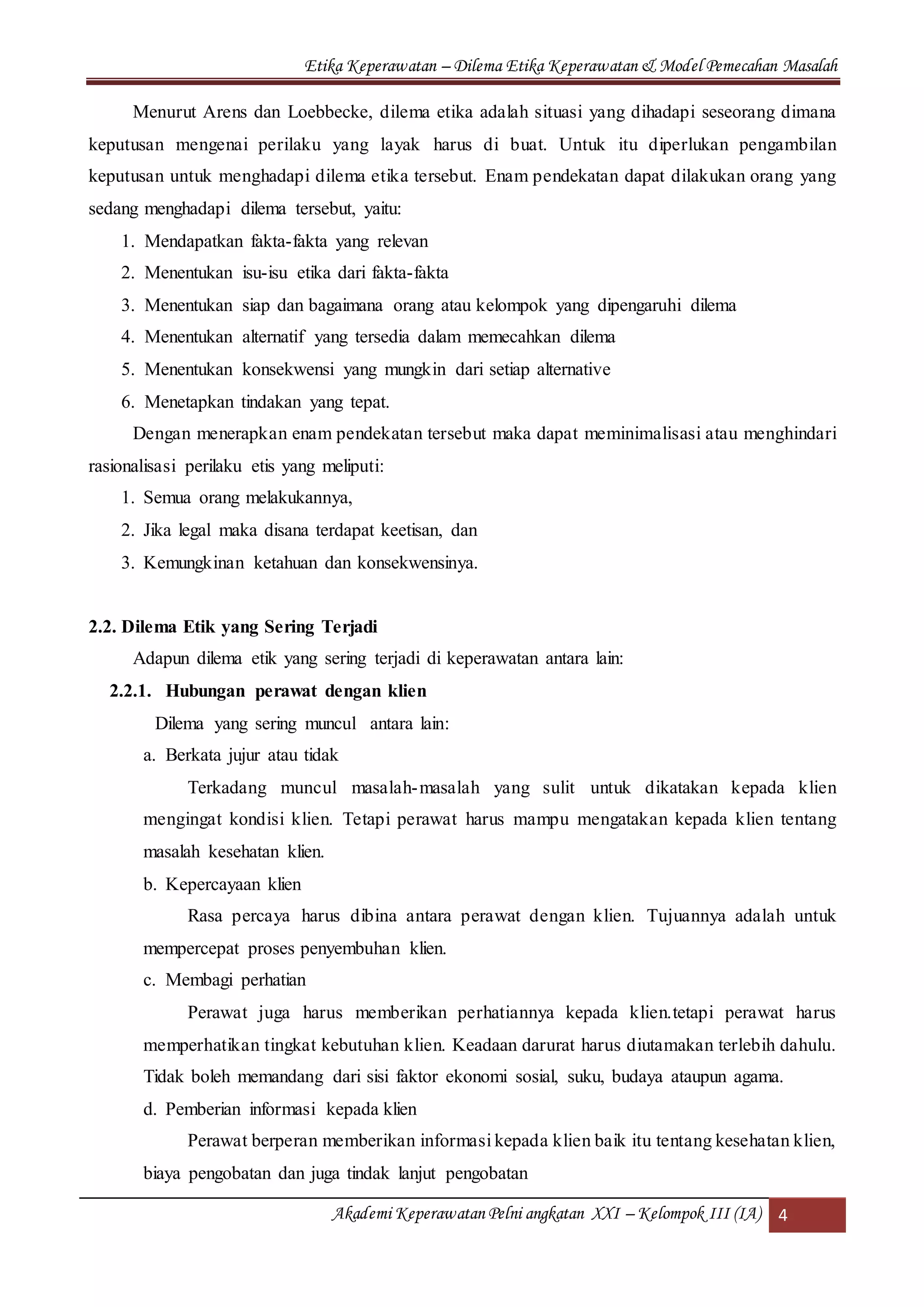 Dilema etik keperawatan & model pemecahan masalah | DOCX