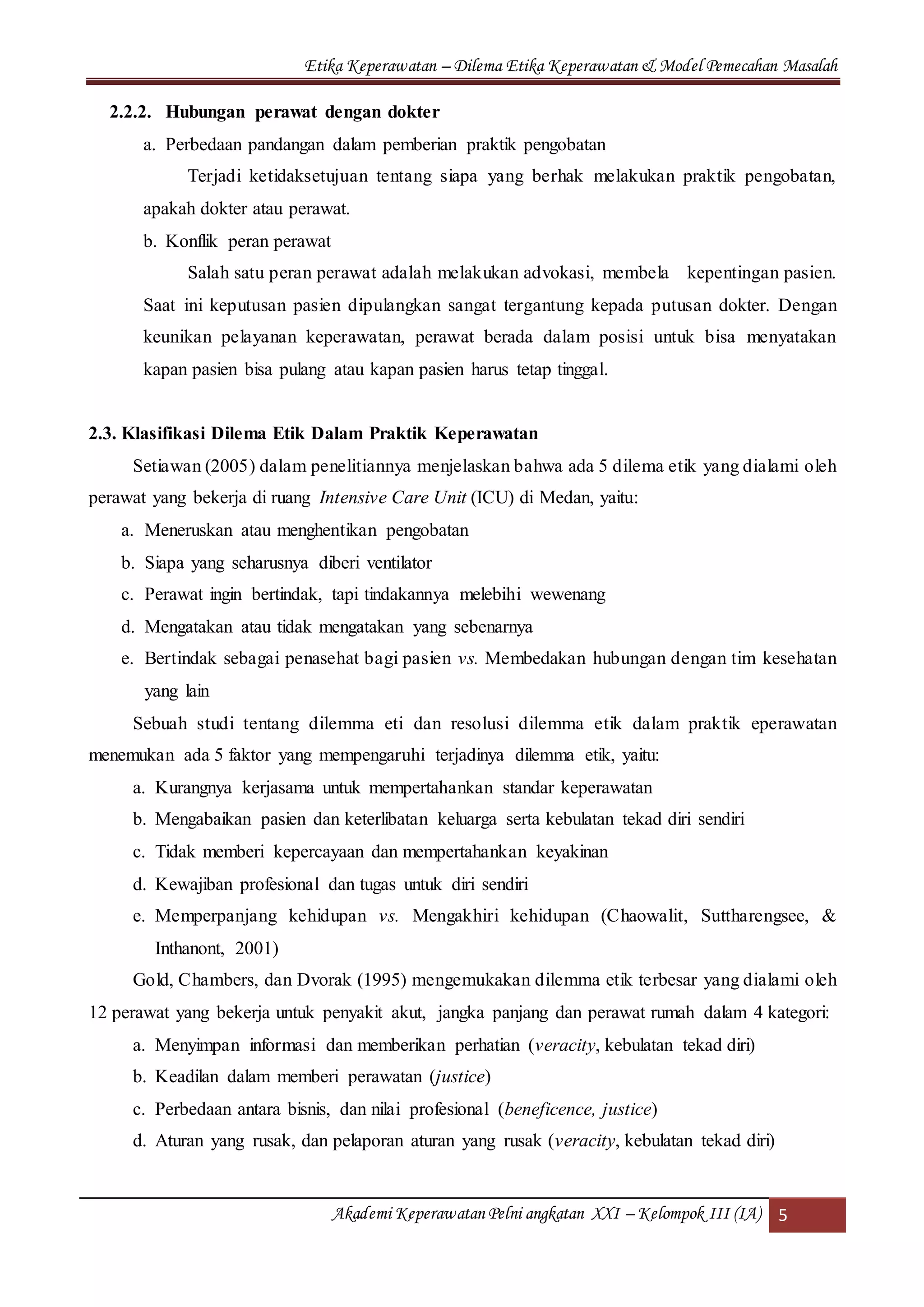 Dilema etik keperawatan & model pemecahan masalah | DOCX