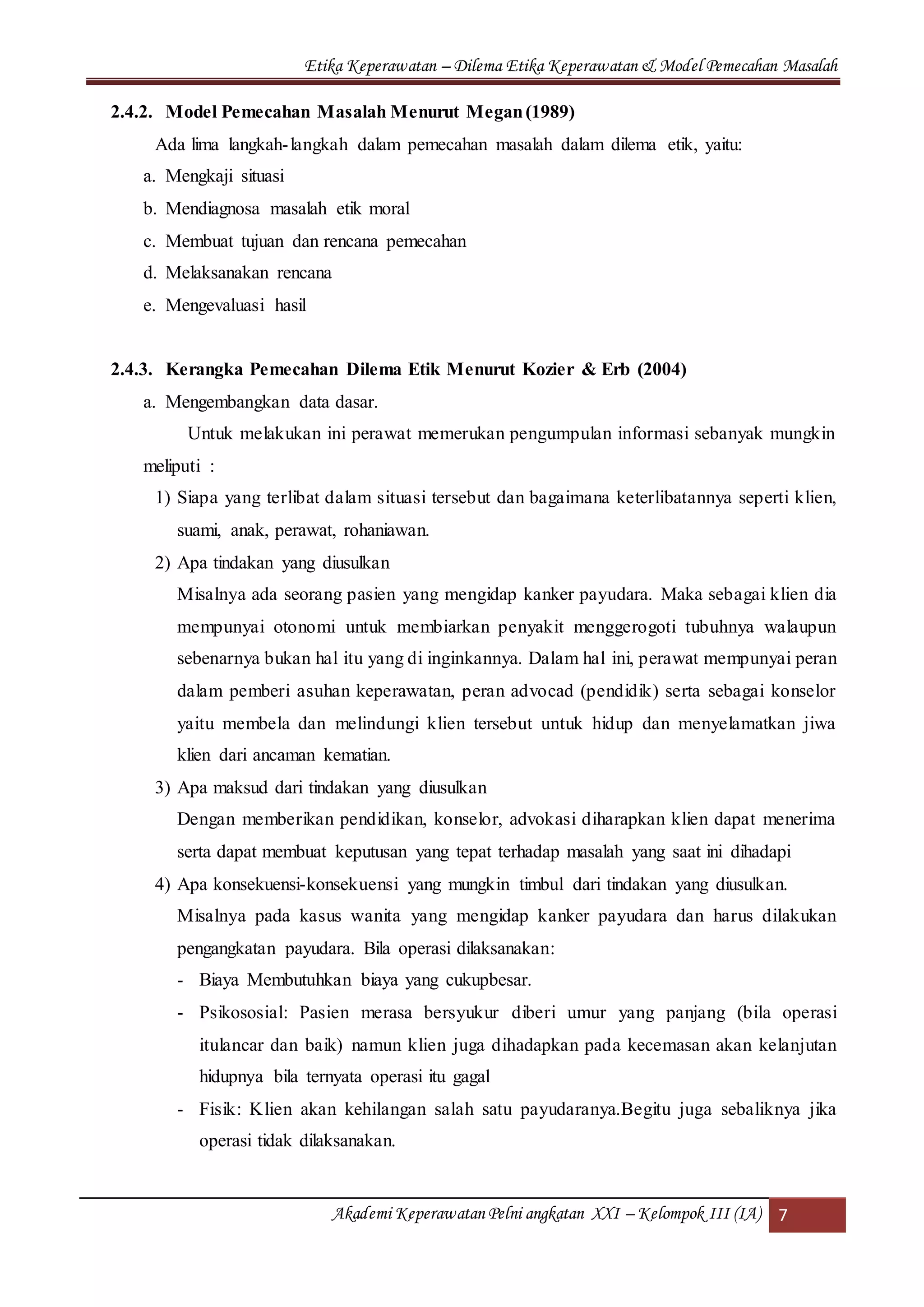 Dilema etik keperawatan & model pemecahan masalah | DOCX