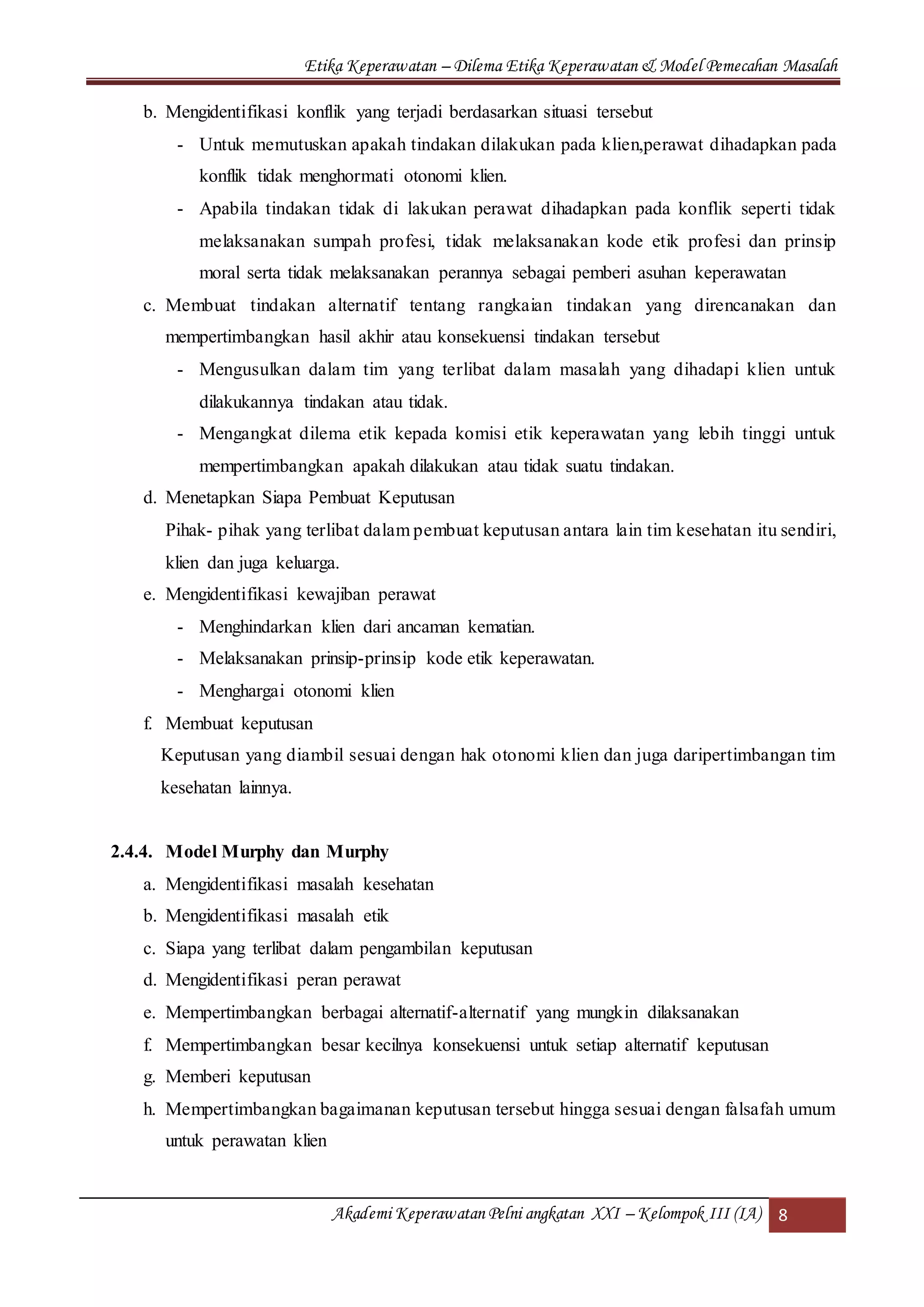 Dilema etik keperawatan & model pemecahan masalah | DOCX