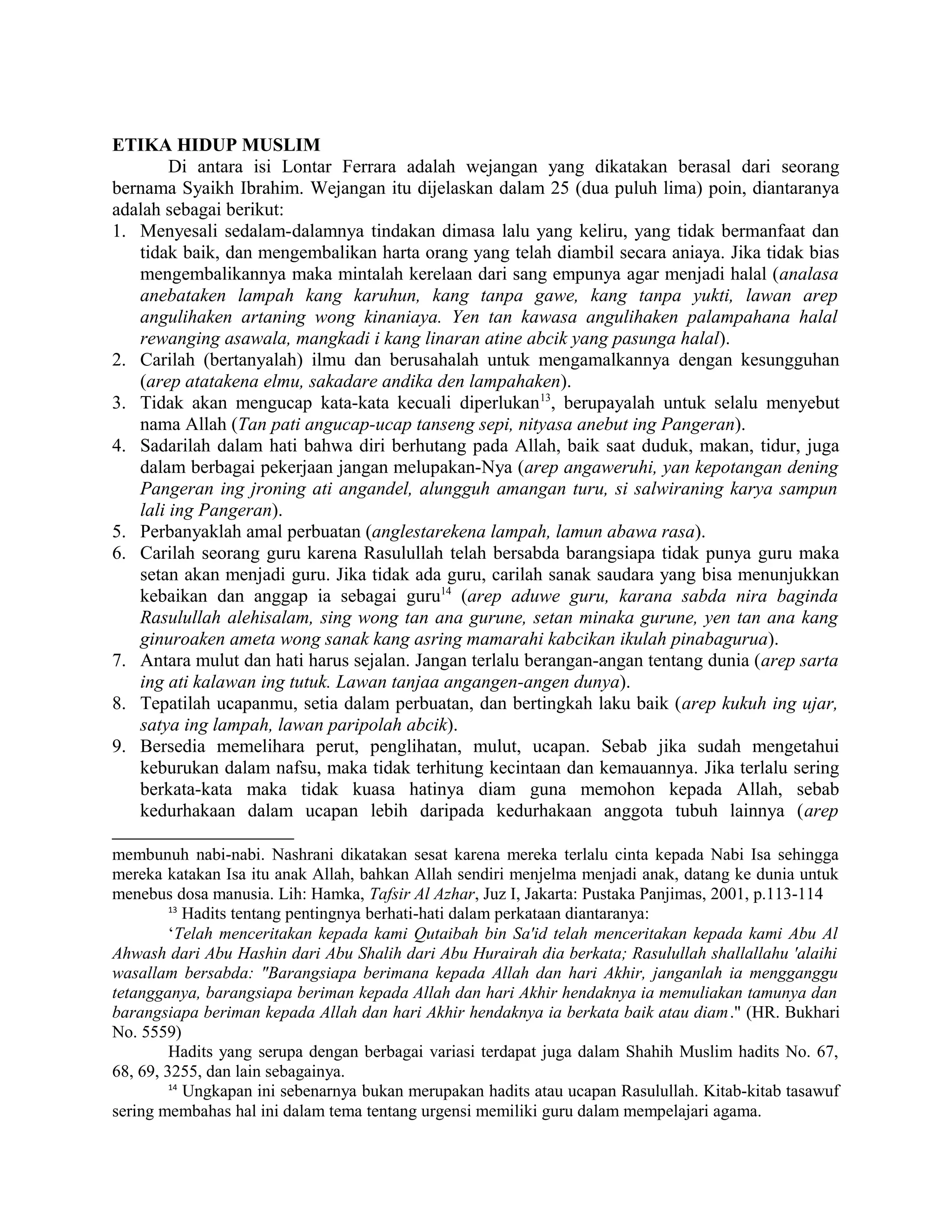 Etika hidup muslim dalam lontar ferrara | DOC