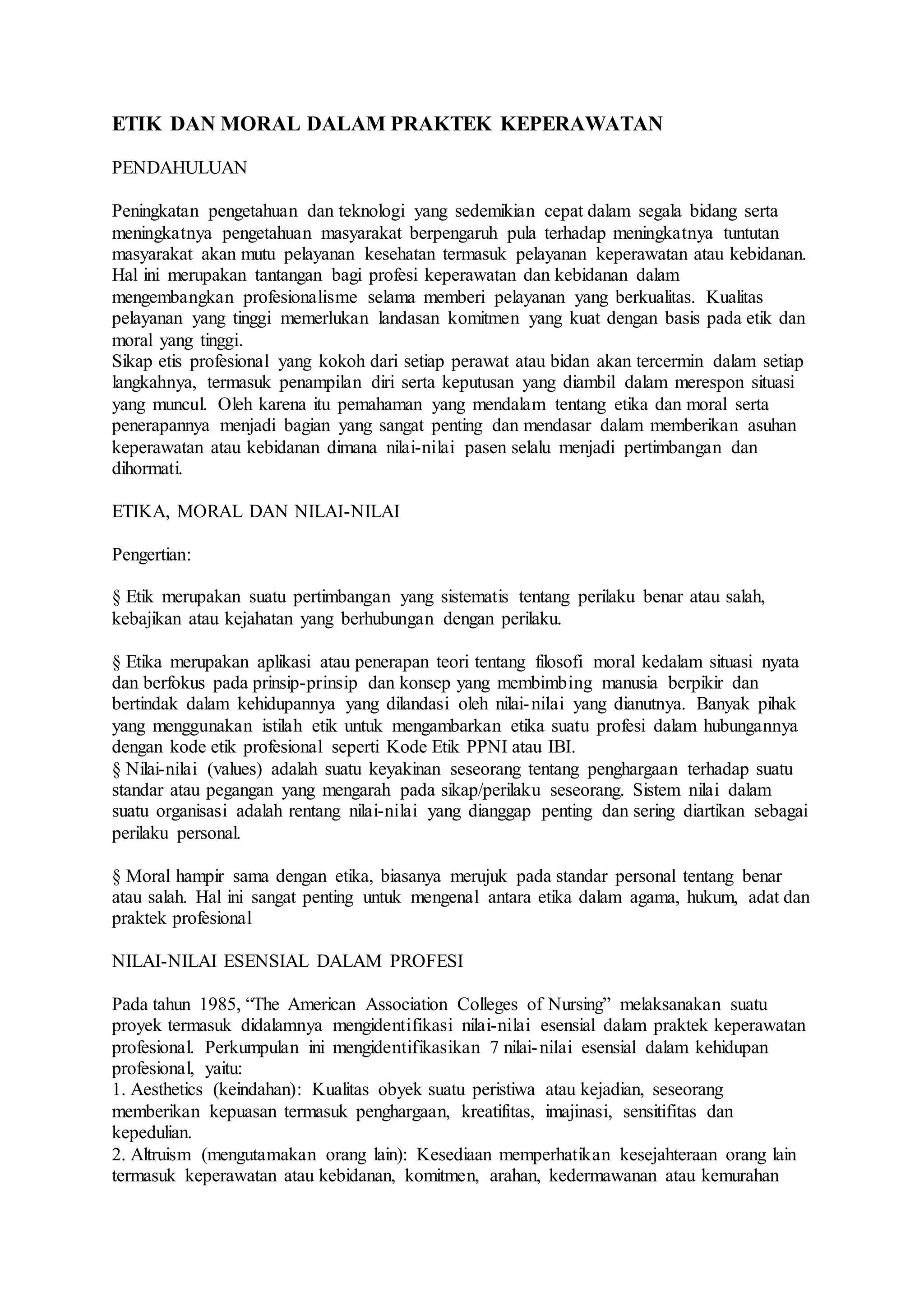 Etik dan moral dalam praktek keperawatan | DOCX