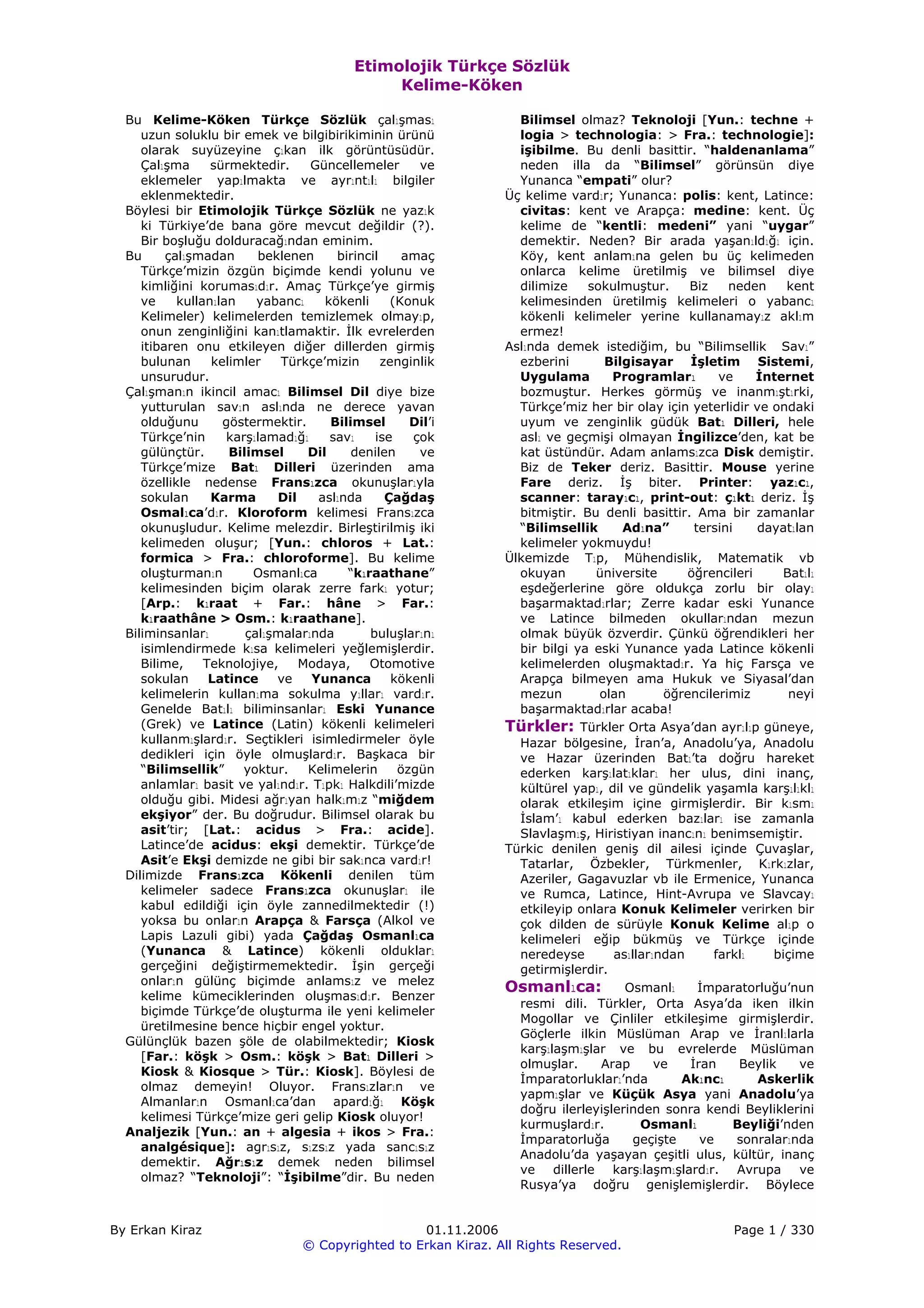 Etimolojik turkce sozluk erkan kiraz | PDF