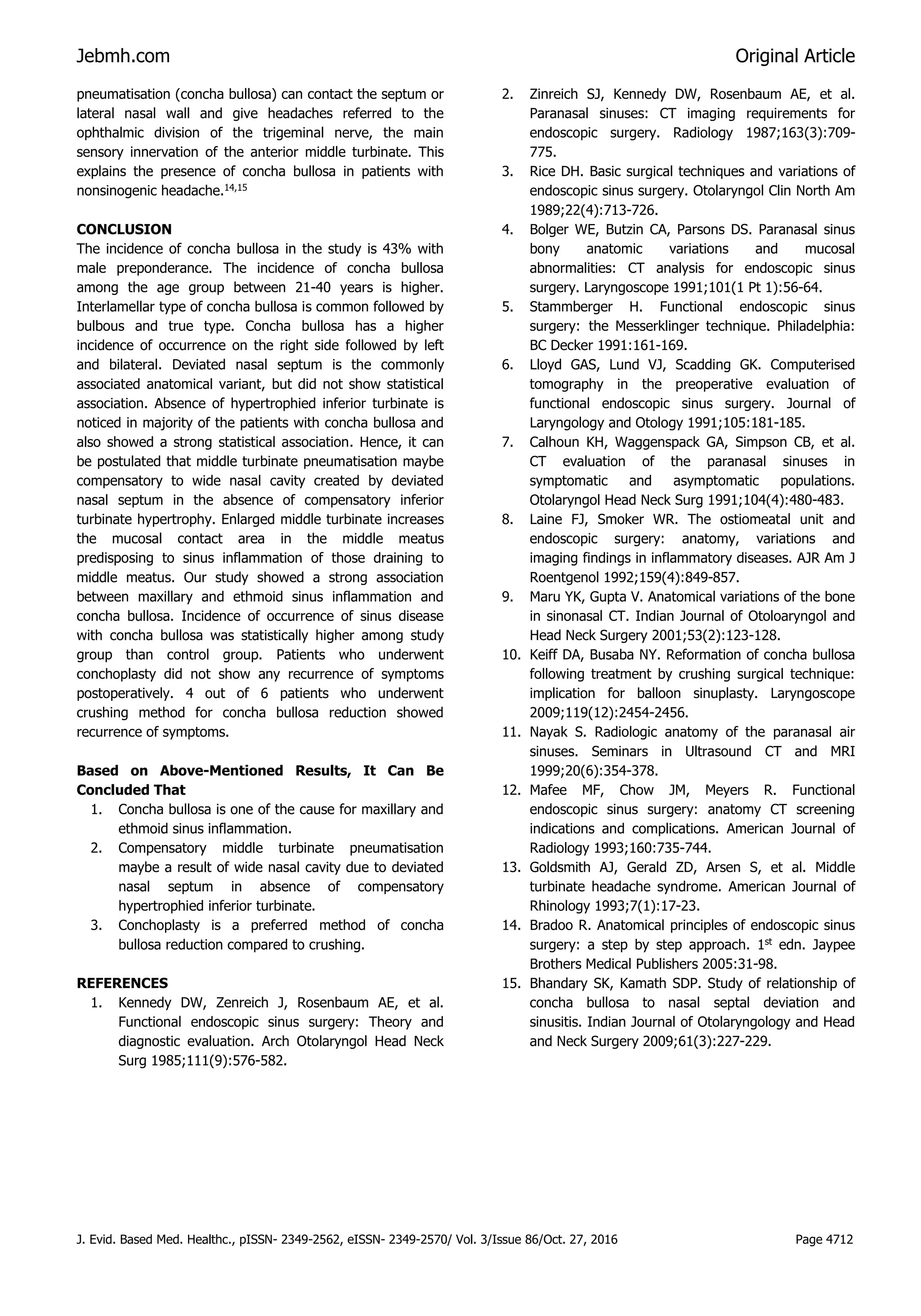 Etiological role of concha bullosa in paranasal sinuses inflammatory ...