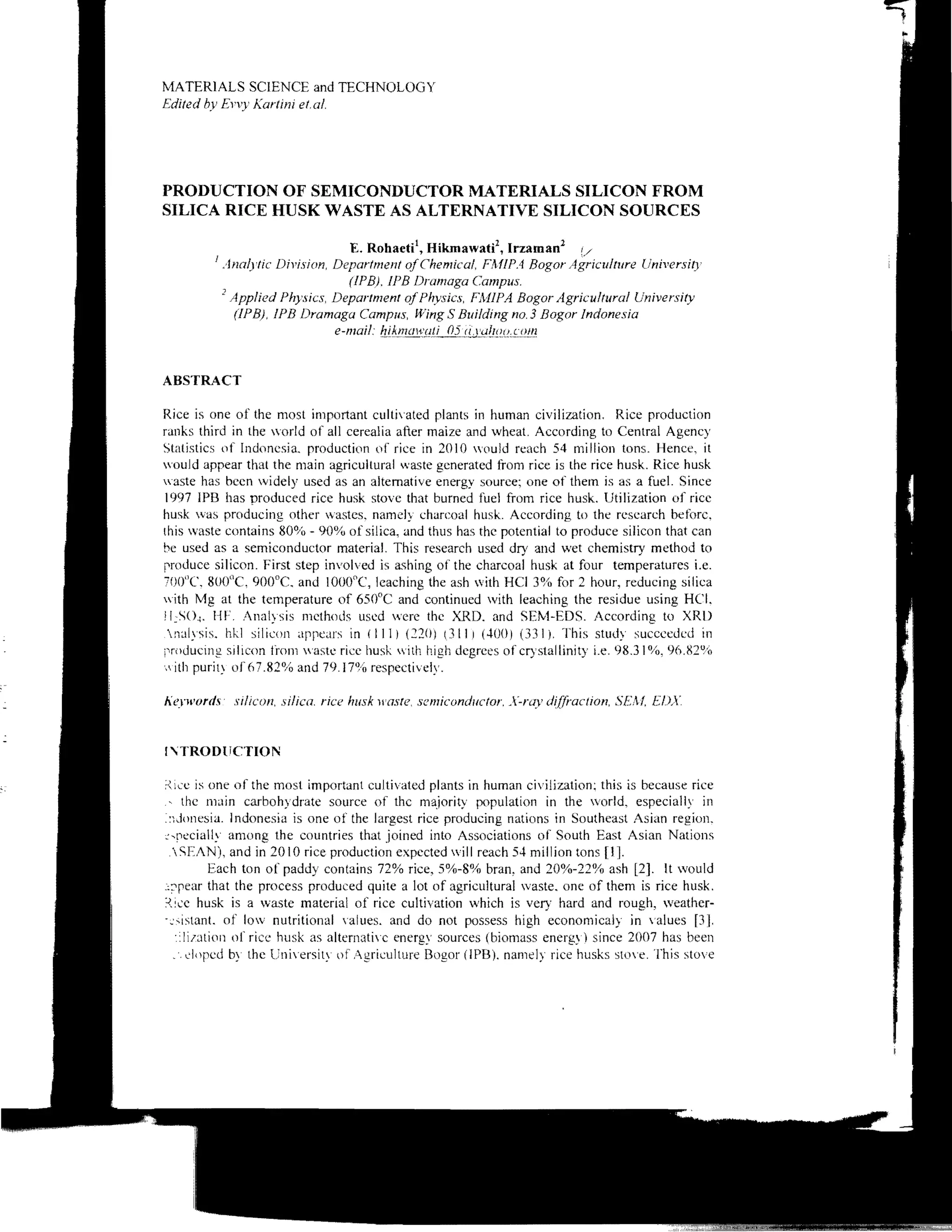 PRODUCTION OF SEMICONDUCTOR MATERIALS SILICON FROM SILICA RICE HUSK WASTE AS ALTERNATIVE SILICON ...