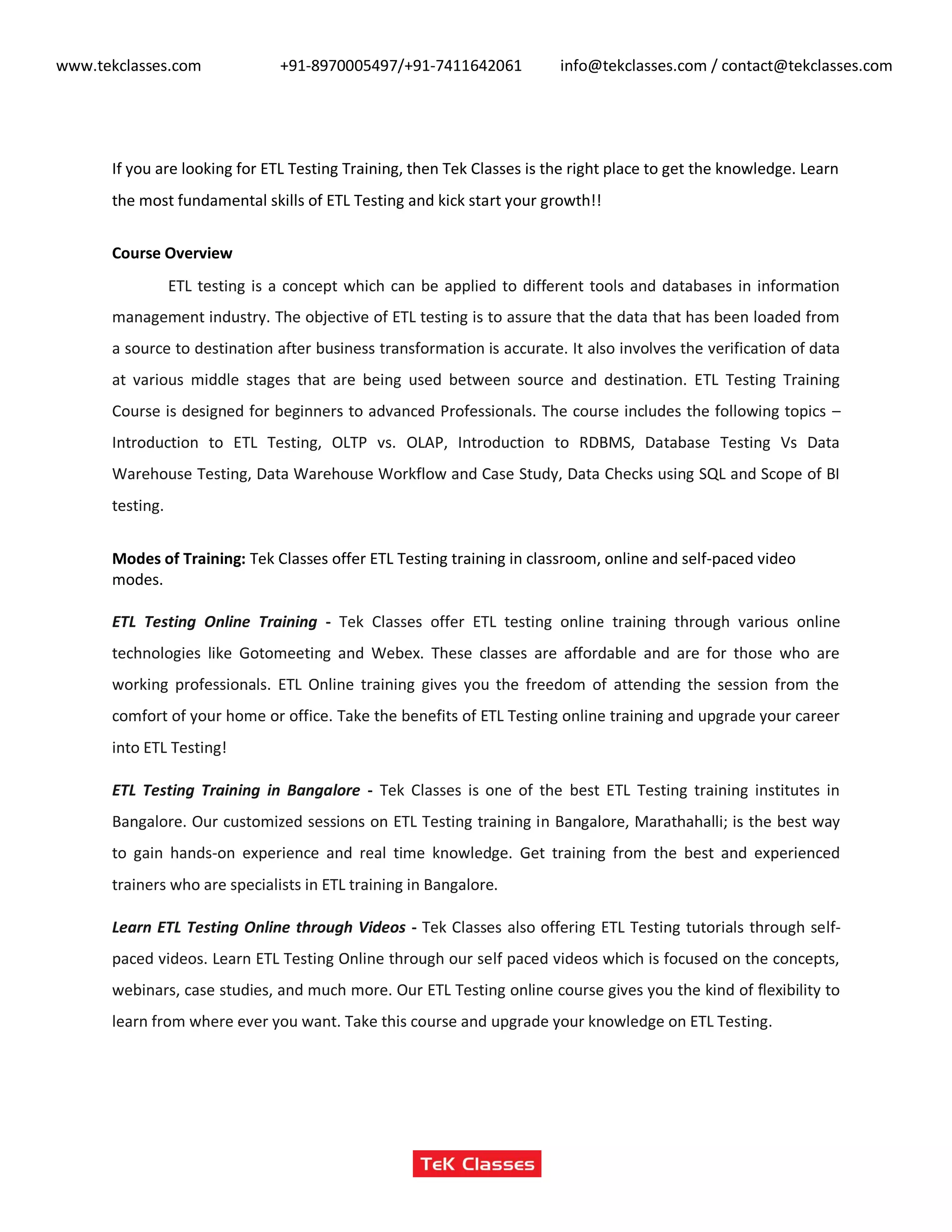 Etl Testing Training Etl Testing Training In Bangalore Pdf Databases Computer Software