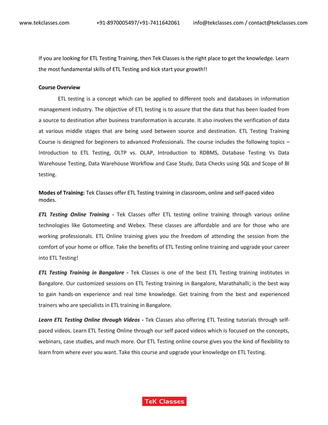 Etl Testing Training Etl Testing Training In Bangalore Pdf