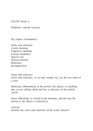 ETL705 Week 6Semantics and the LexiconKey topics in | PDF