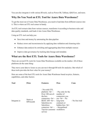 ETL Tools in Azure: What They Are and How to Use Them? | PDF