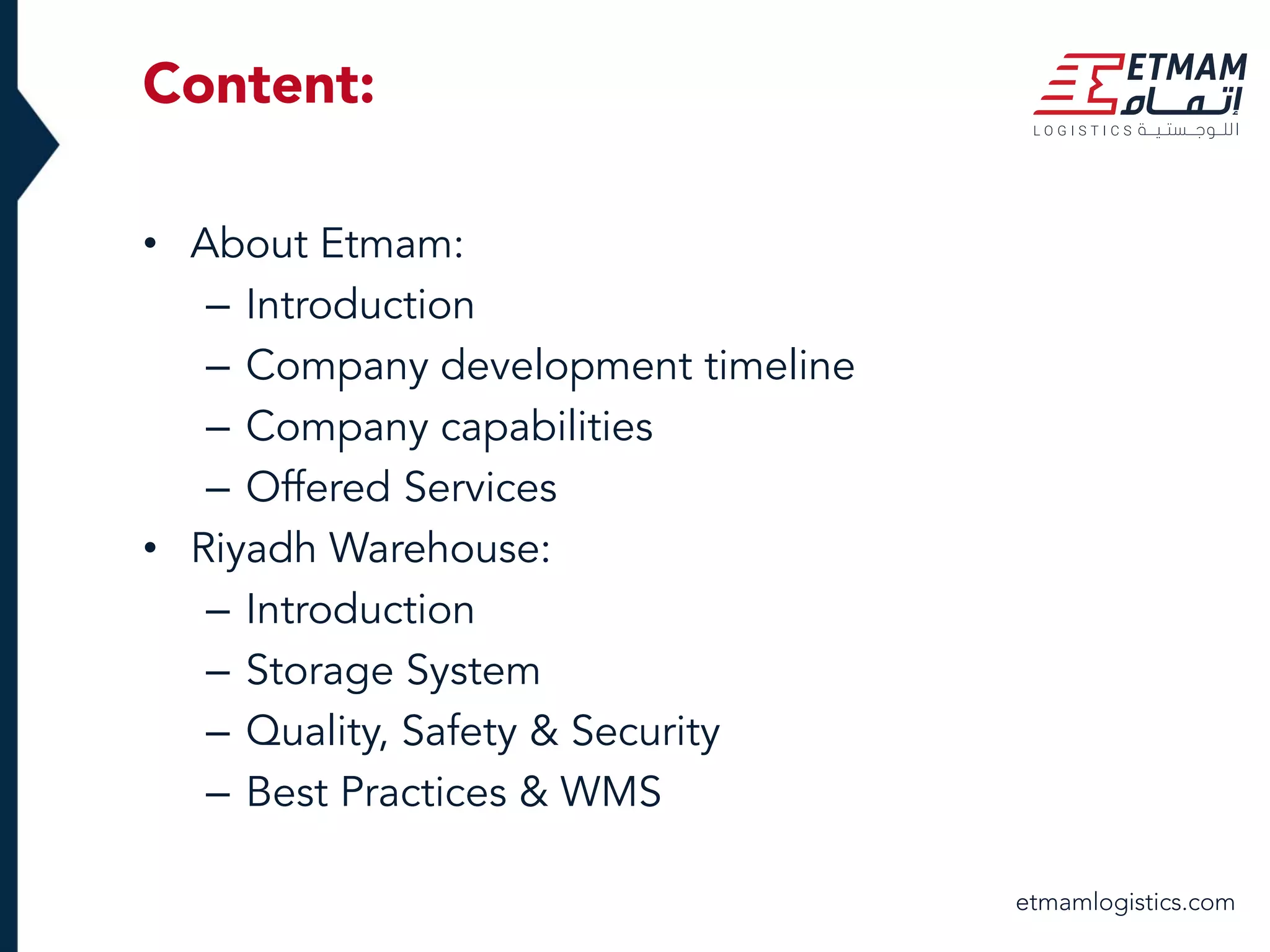Etmam logistics & Riyadh Warehouse Presentation | PDF