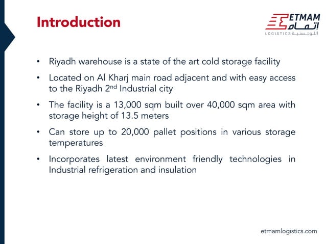 Etmam logistics & Riyadh Warehouse Presentation | PPT