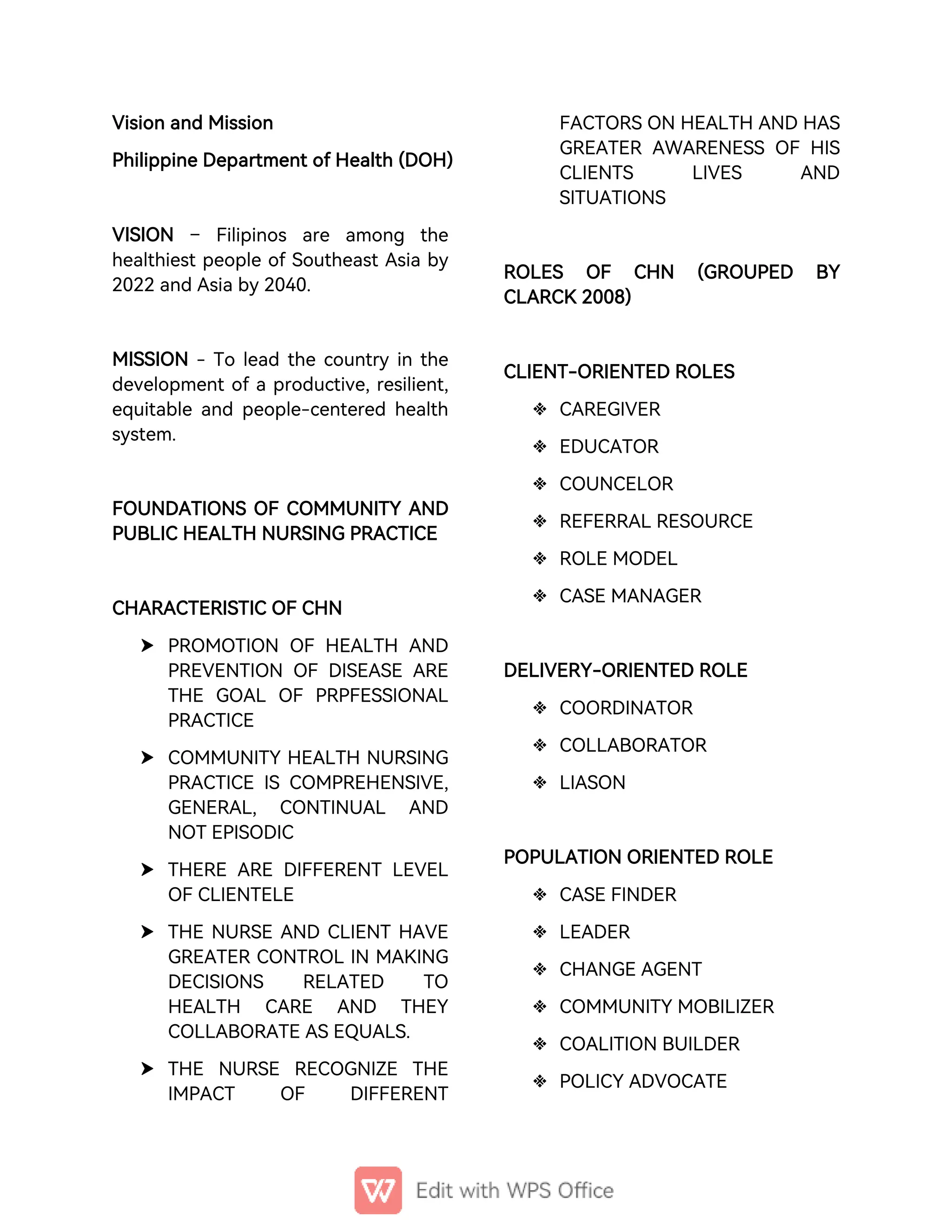 DOH MISSION VISON AND ROLES, FACTORS, RESPONSIBILITIES | PDF