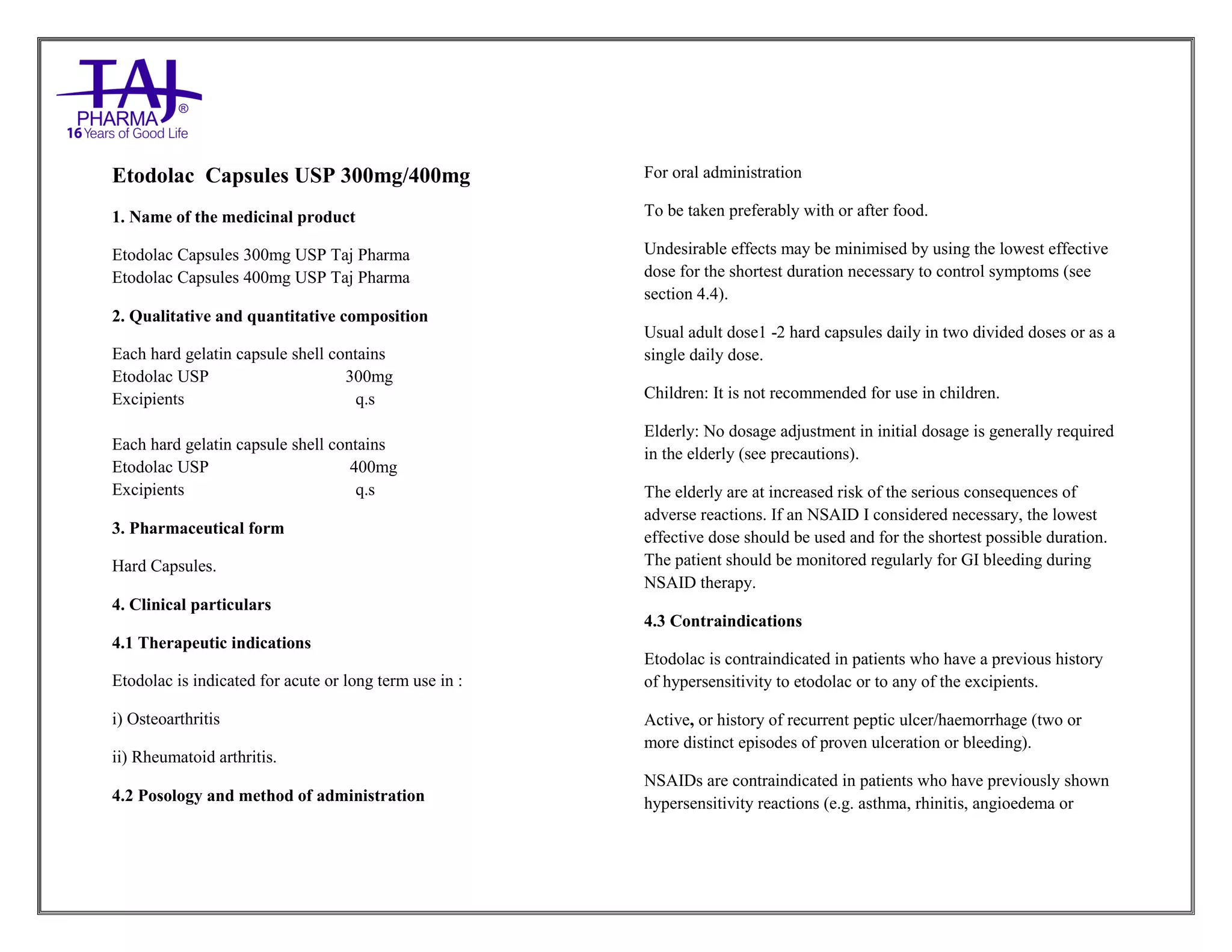 Etodolac Capsules Taj Pharma SmPC | PDF