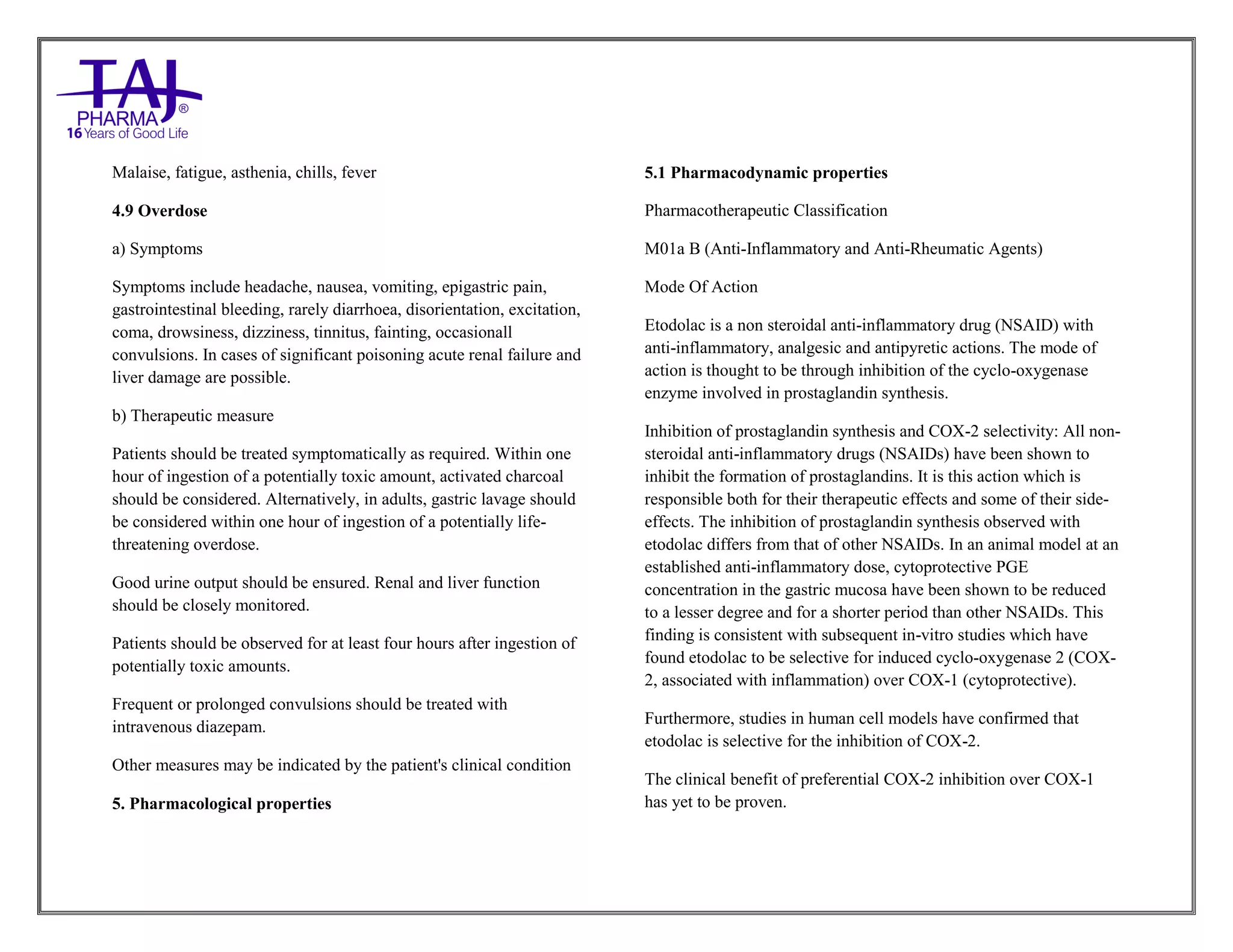 Etodolac Capsules Taj Pharma SmPC | PDF