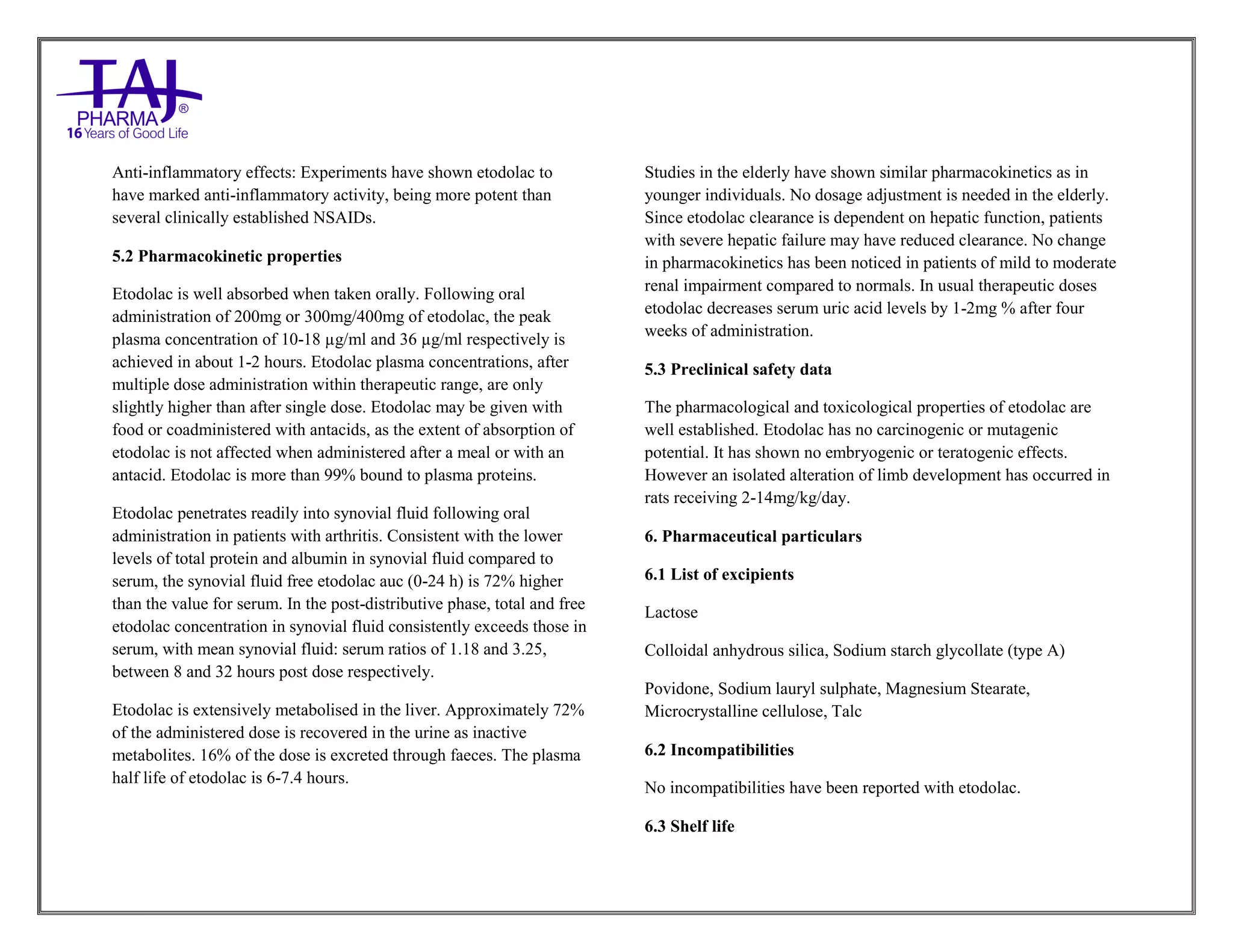 Etodolac Capsules Taj Pharma SmPC | PDF