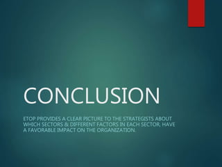 Etop analysis(ENVIRONMENT THREAT AND OPPORTUNITY PROFILE (ETOP) | PPTX