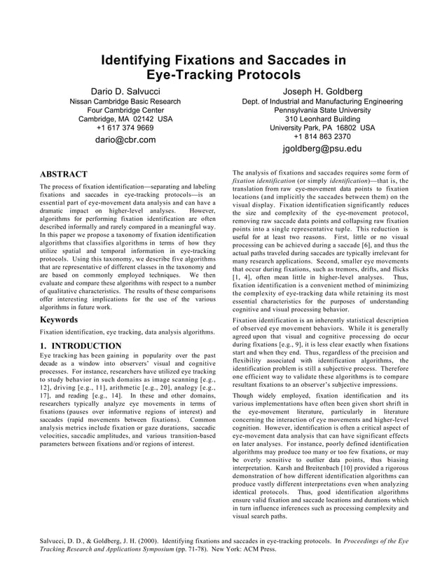 Identifying Fixations and Saccades in Eye-Tracking Protocols | PDF | Artificial Intelligence ...