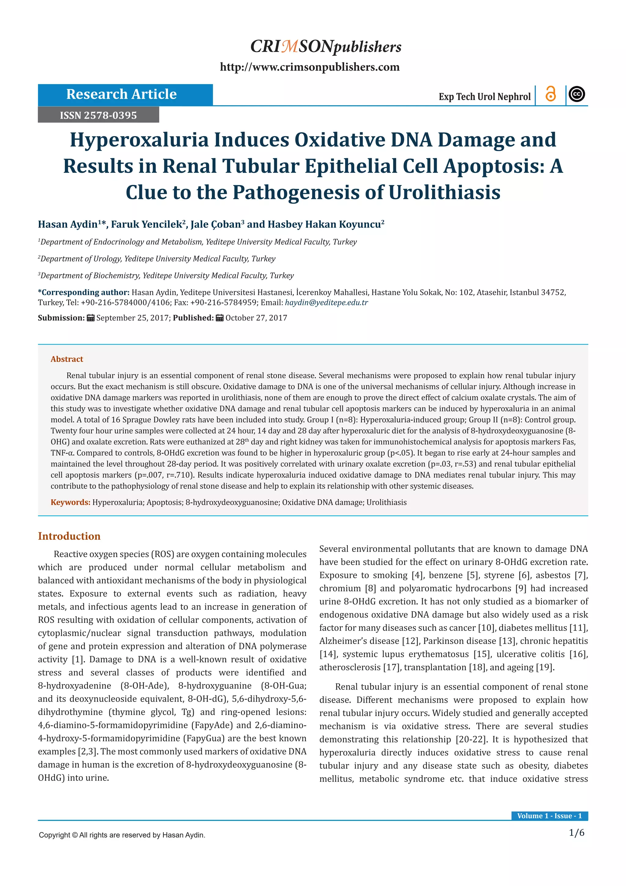 Crimson Publishers-Hyperoxaluria Induces Oxidative DNA Damage and ...