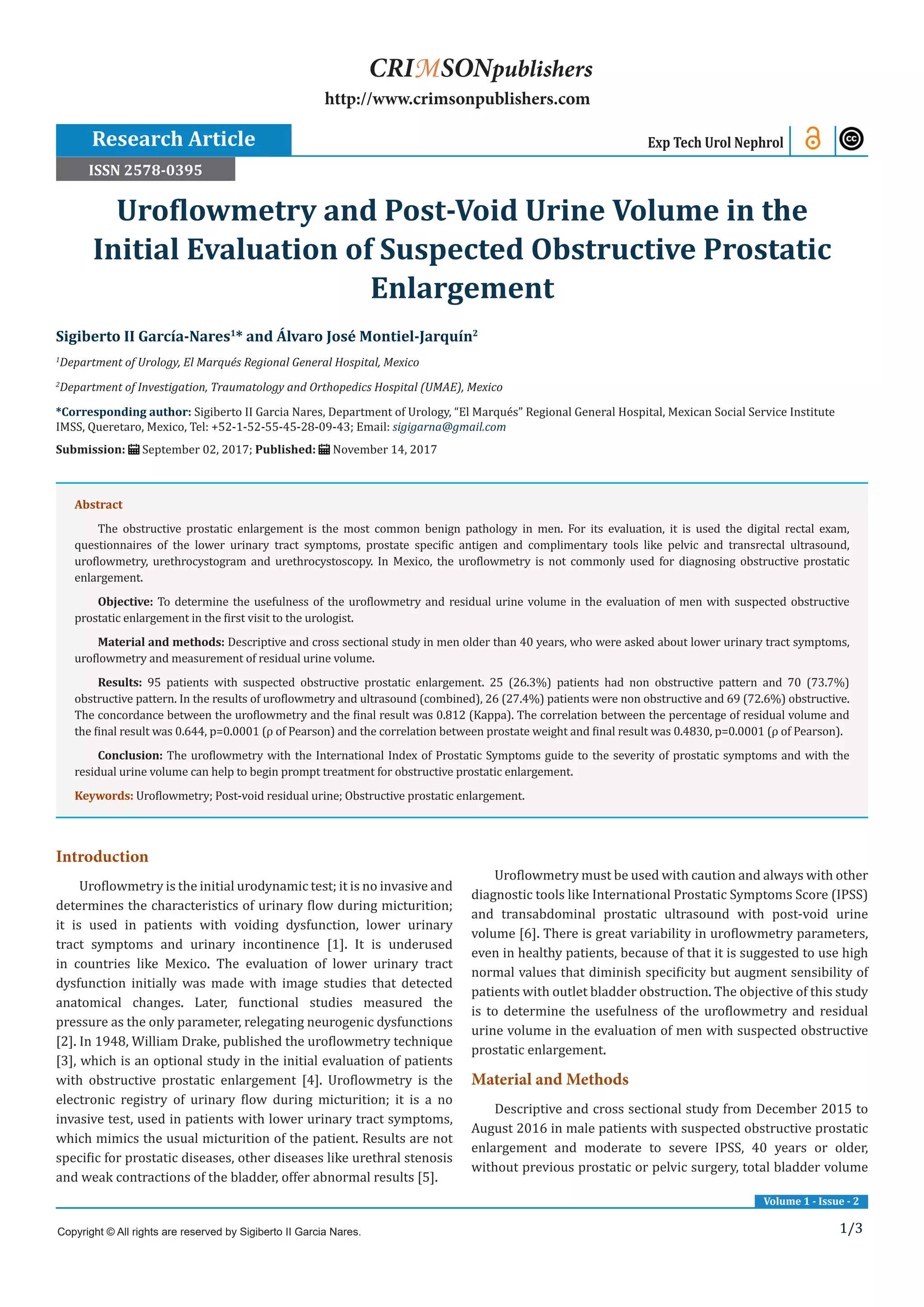 Crimson Publishers-Uroflowmetry and Post-Void Urine Volume in the ...