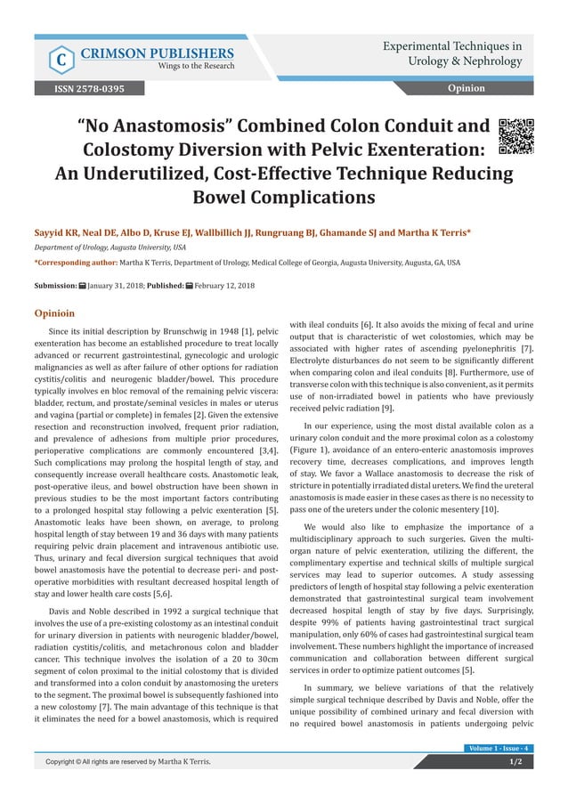 "No Anastomosis" Combined Colon Conduit and Colostomy Diversion with Pelvic Exenteration: An ...