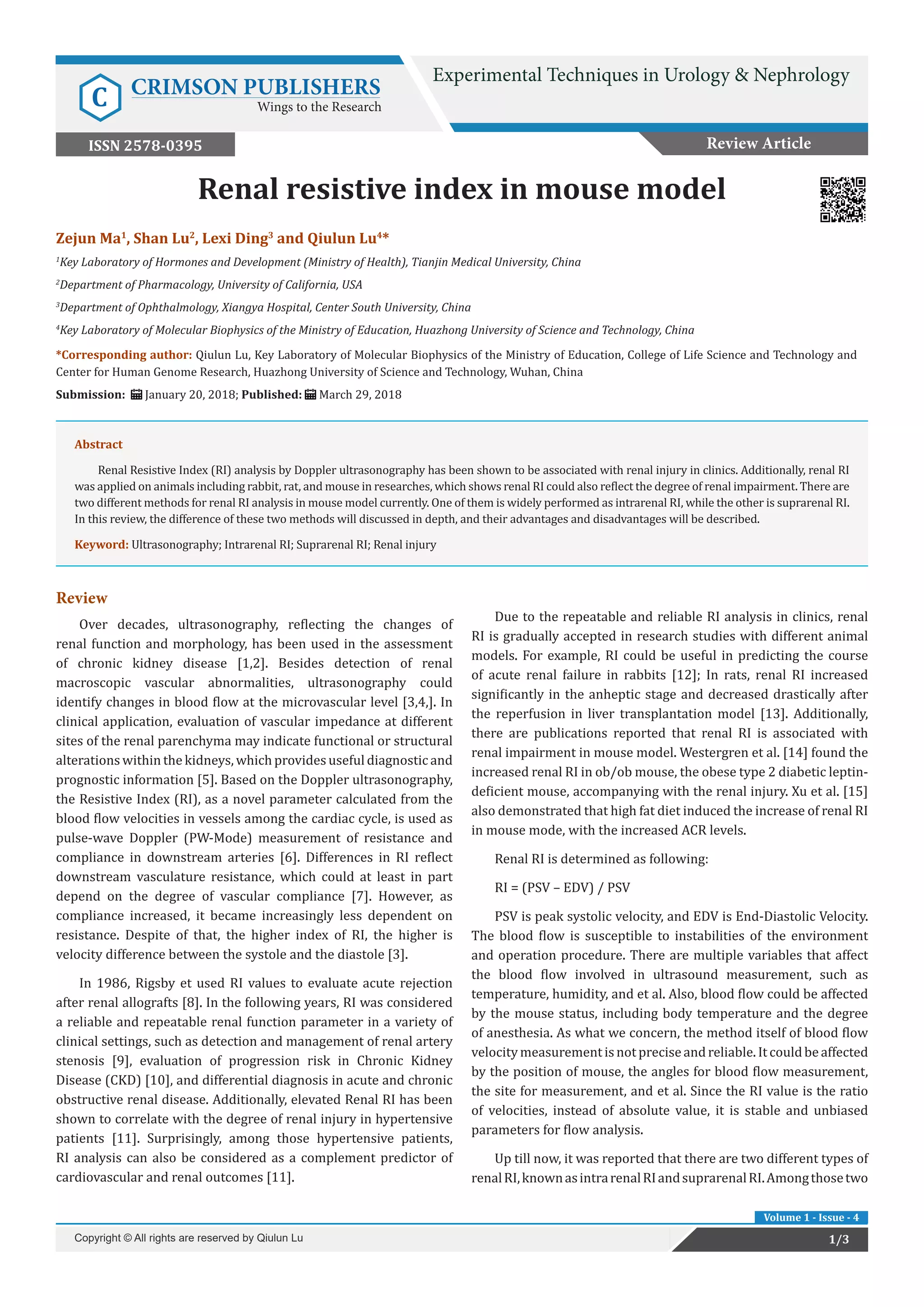 Renal resistive index in mouse model: Asian Journal of Urology: Crimson ...