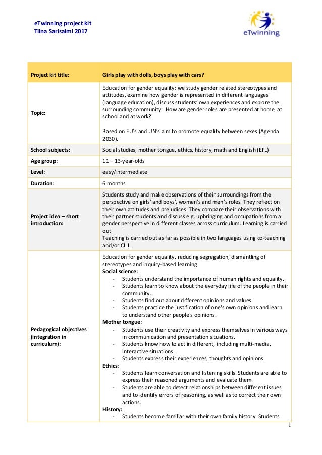 Cross-curricular eTwinning project kit on Gender Equality