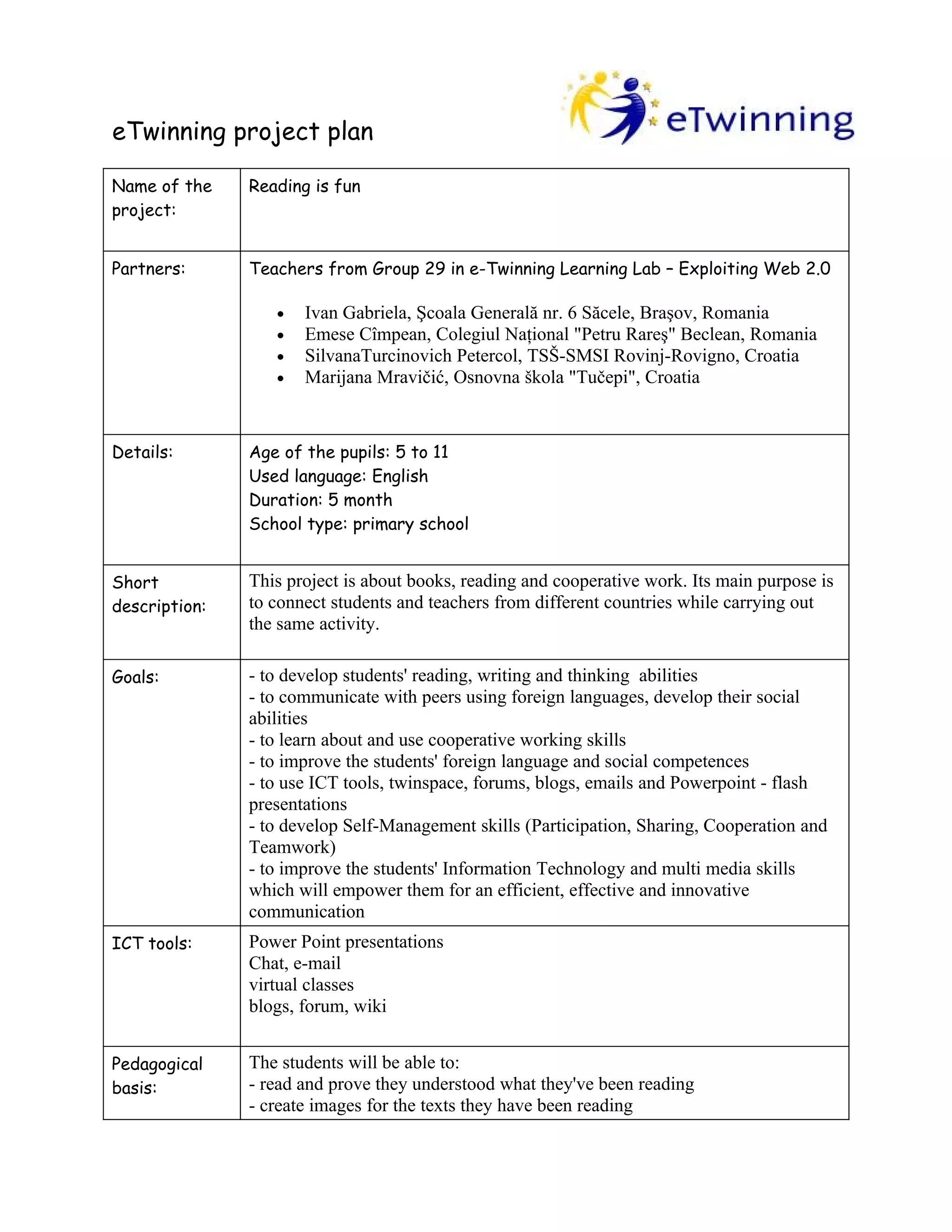Etwinning project planning form, group 29 | DOC
