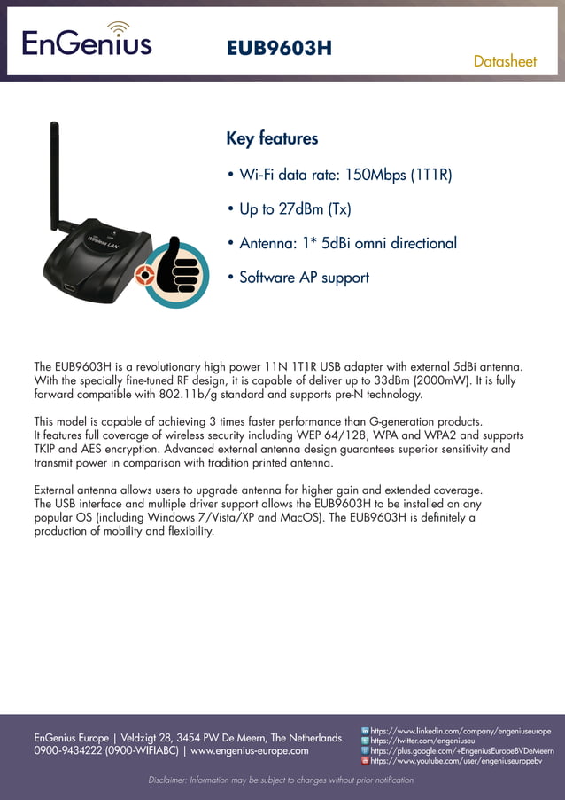 Datasheet EnGenius EUB9603H | PDF
