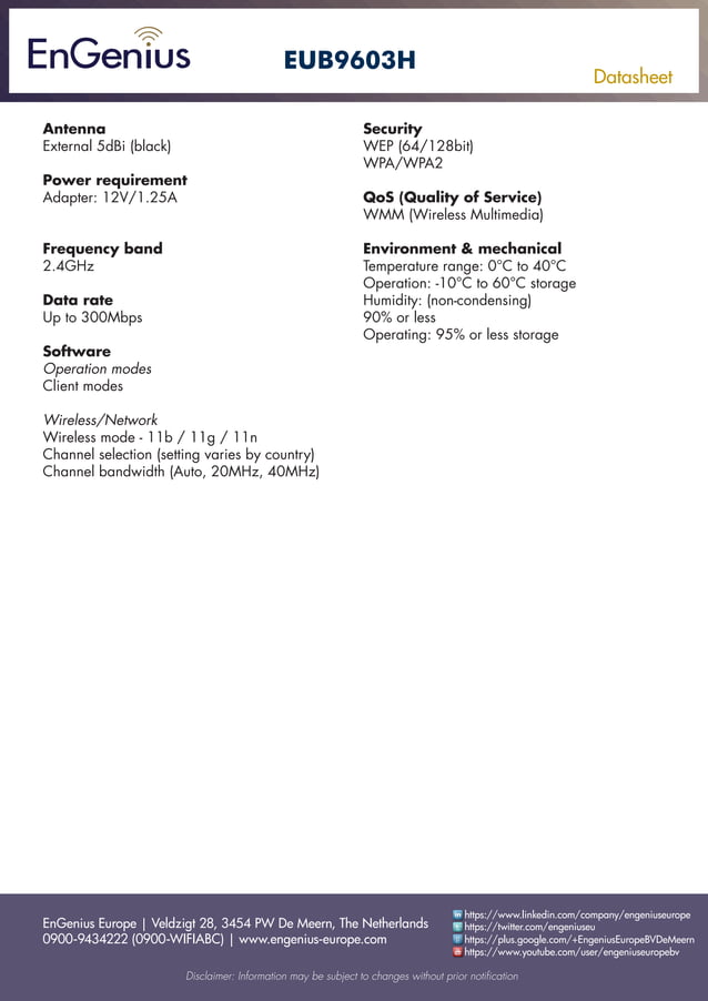 Datasheet EnGenius EUB9603H | PDF