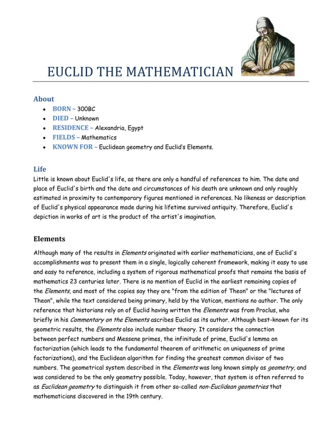 Euclid the mathematician | DOCX | Geography | Science