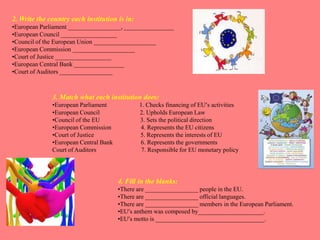 EU Institutions worksheet | PPTX