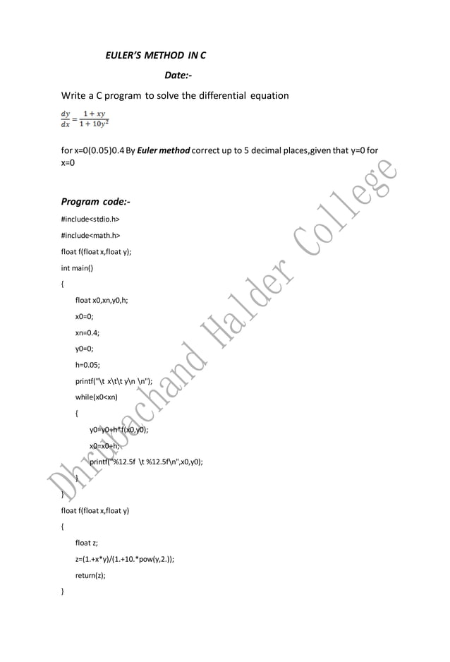 Euler method in c | DOCX | Physics | Science